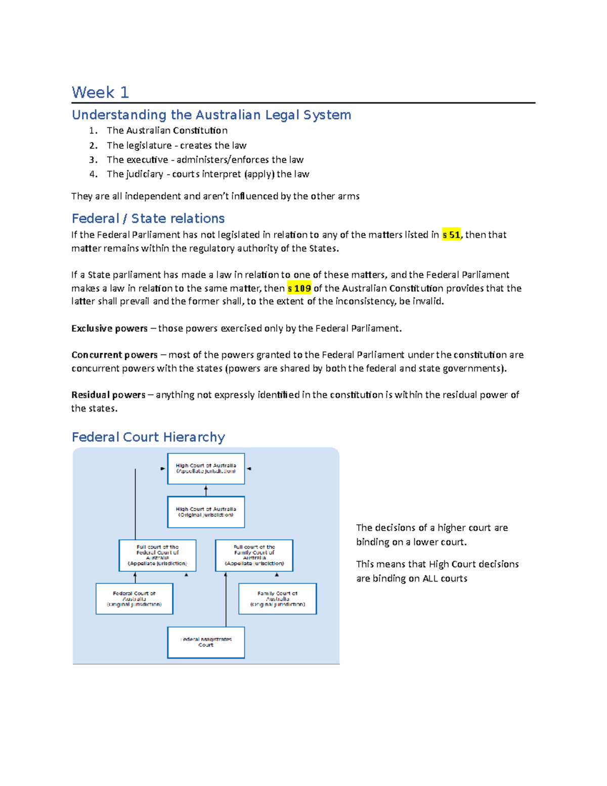 Weeks 1-4 notes - Week 1 Understanding the Australian Legal System 1. 2 ...