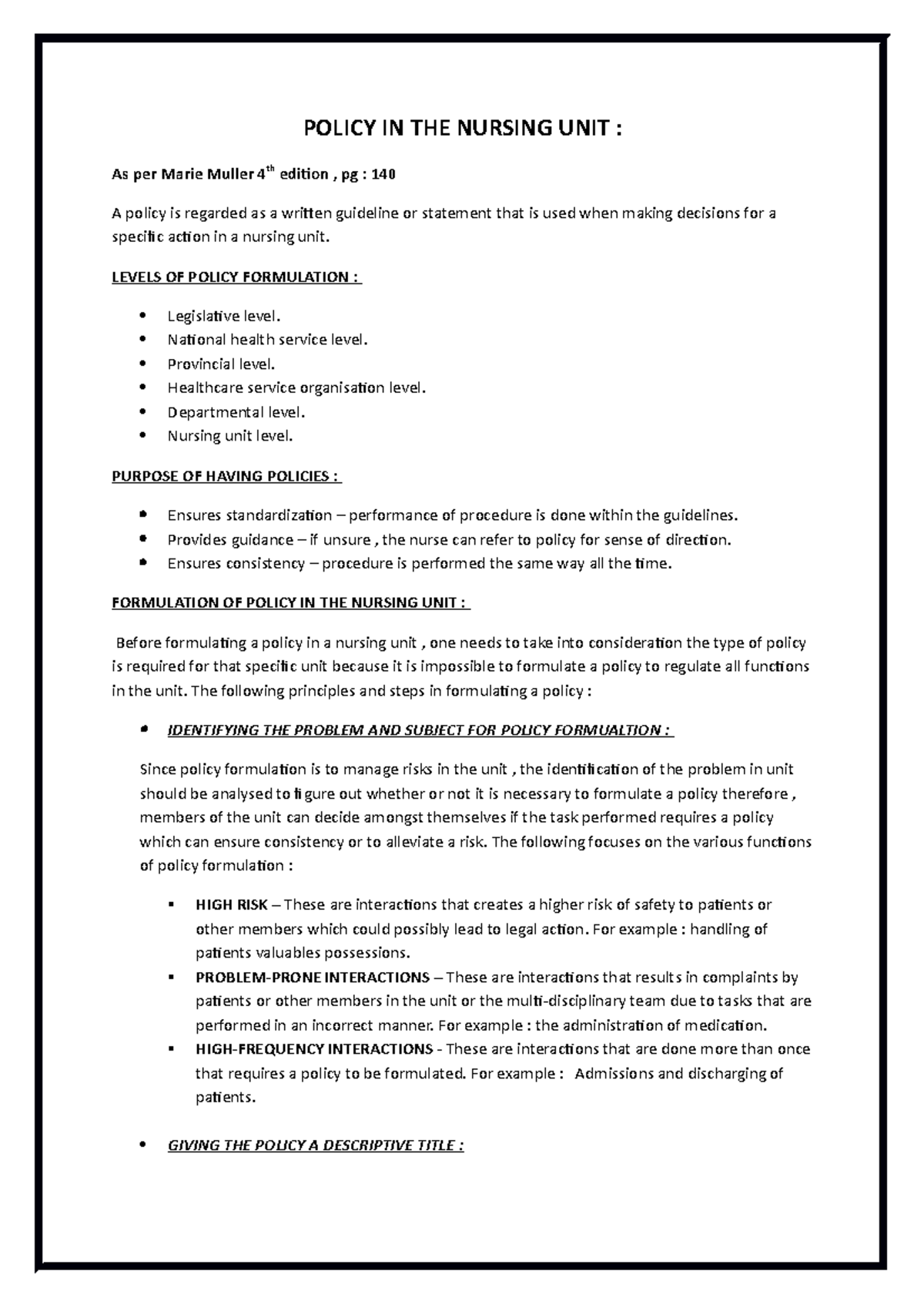 Policy IN THE Nursing UNIT 1 - POLICY IN THE NURSING UNIT : As per ...