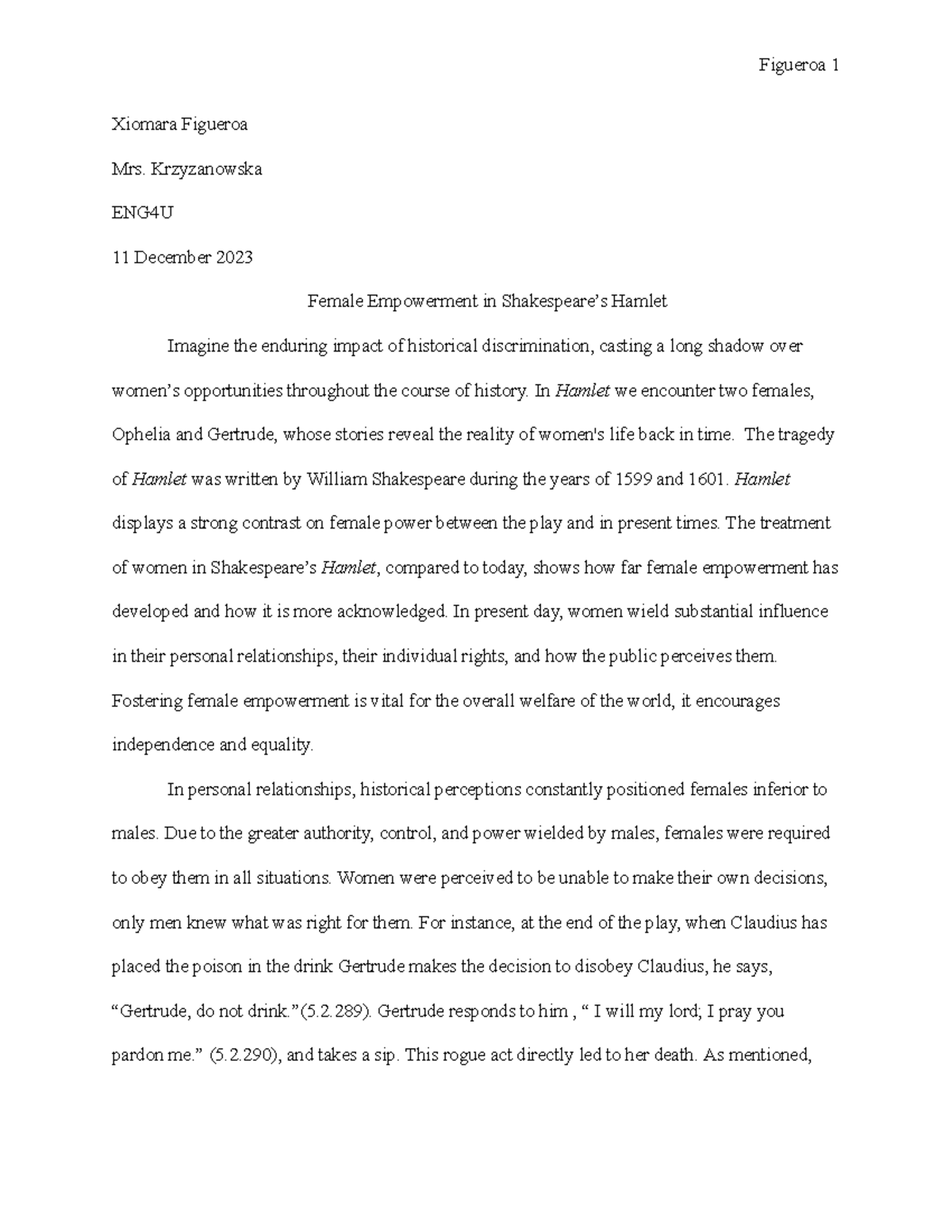 Final Hamlet Essay - Xiomara Figueroa Mrs. Krzyzanowska ENG4U 11 ...