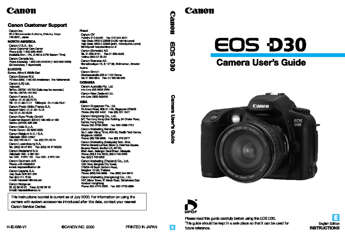 Canon EOSD30 - KIMMY - Digital Camera Operating Steps and Reference Guides Your camera includes ...