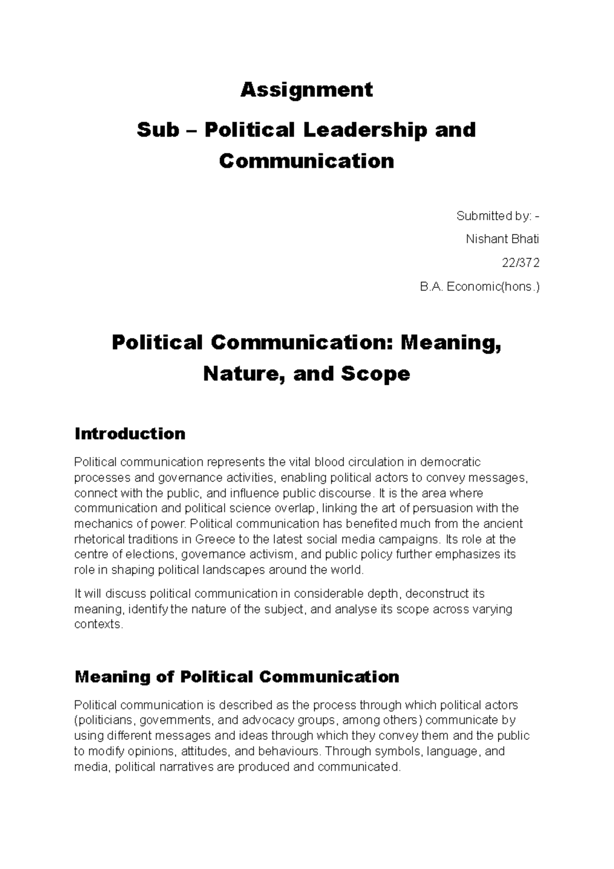 Policital leadership - Assignment Sub – Political Leadership and ...