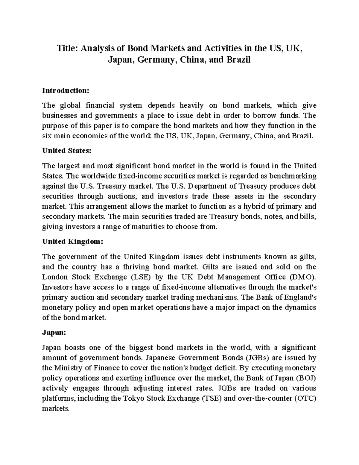 Bond market Report - Title: Analysis of Bond Markets and Activities in ...