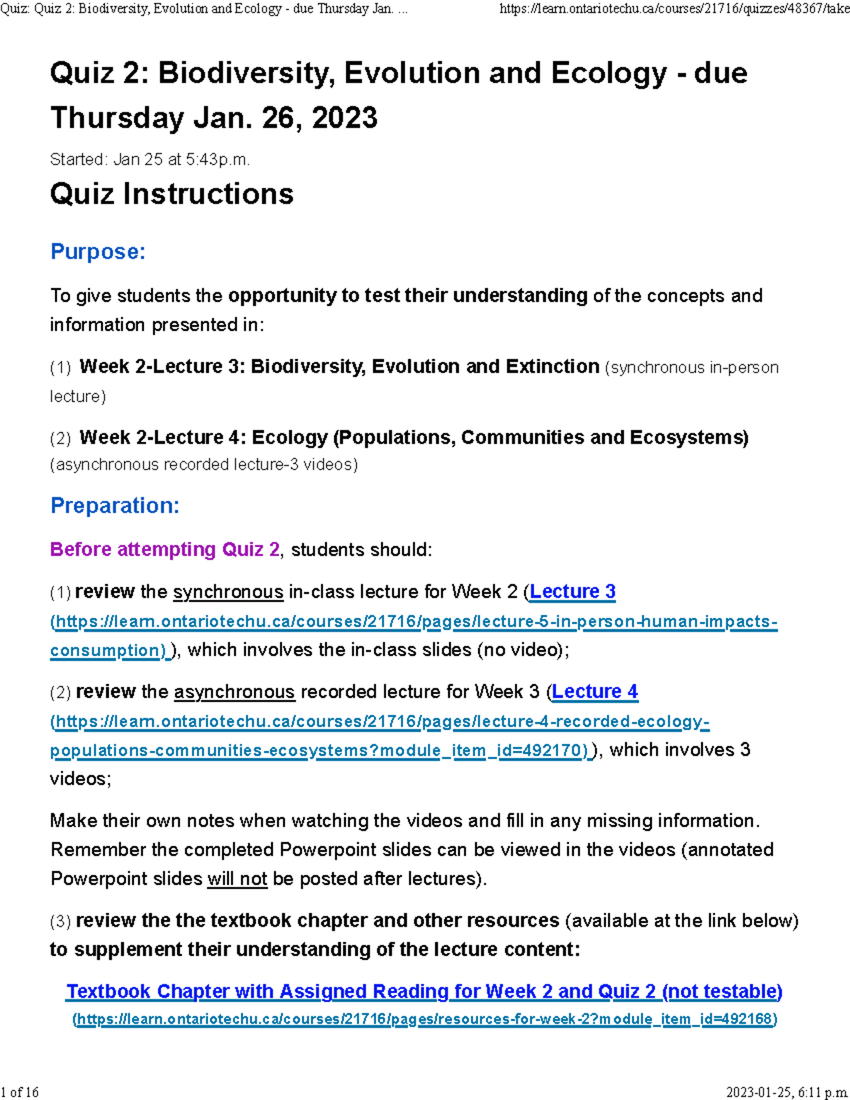 Quiz Quiz 2 Biodiversity, Evolution and Ecology - due Thursday Jan. 26 ...