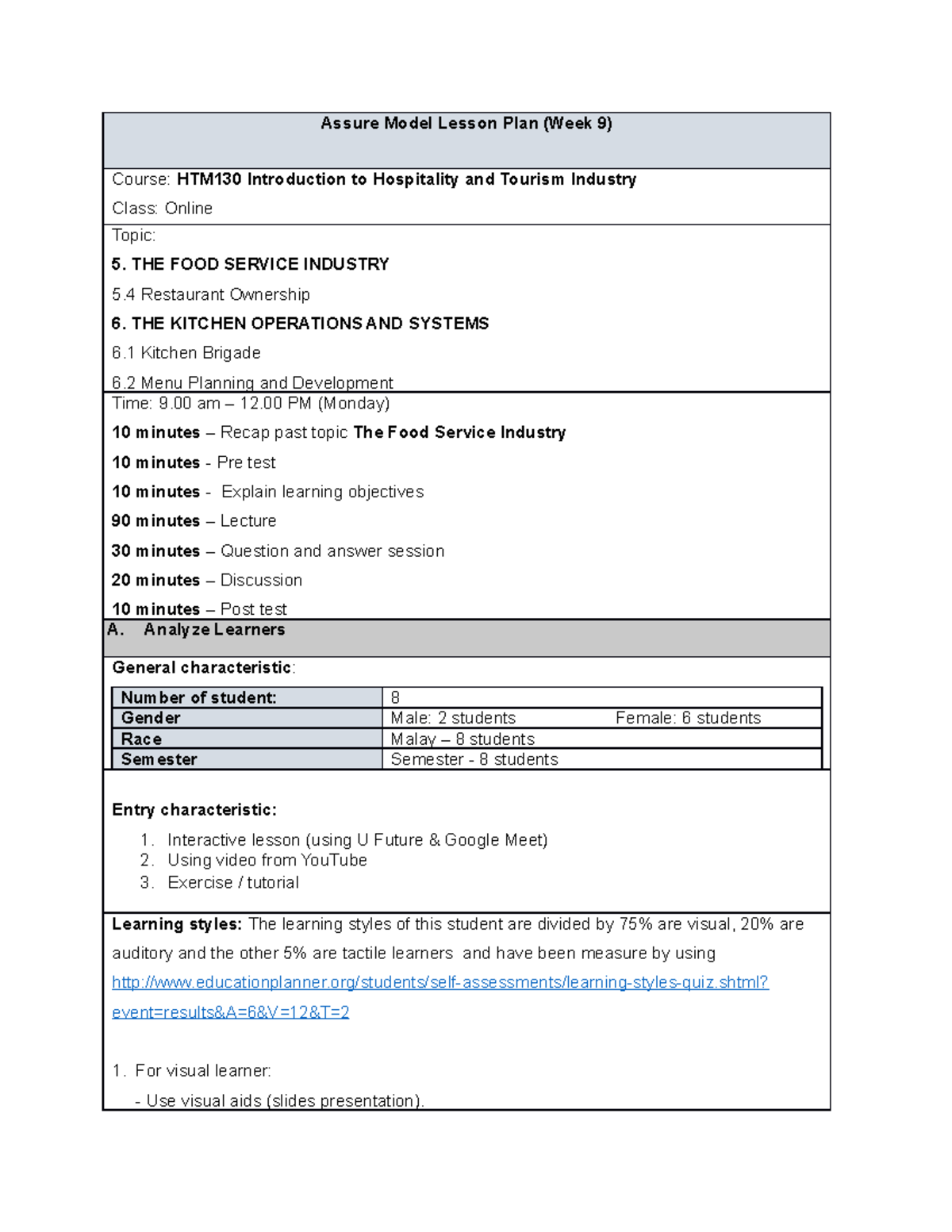 Lesson PLAN WEEK 9HTM 130 Introduction to Hospitality & Tourism ...