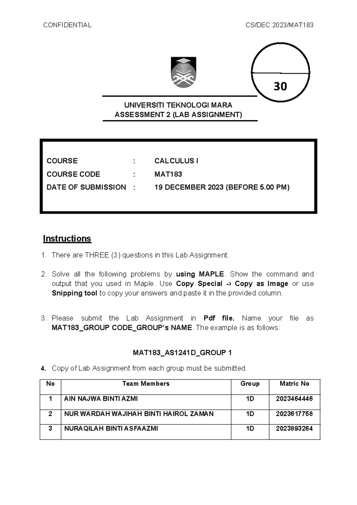 MAT183 AS1241D Group 5 - UNIVERSITI TEKNOLOGI MARA ASSESSMENT 2 (LAB ASSIGNMENT) Instructions 1 ...