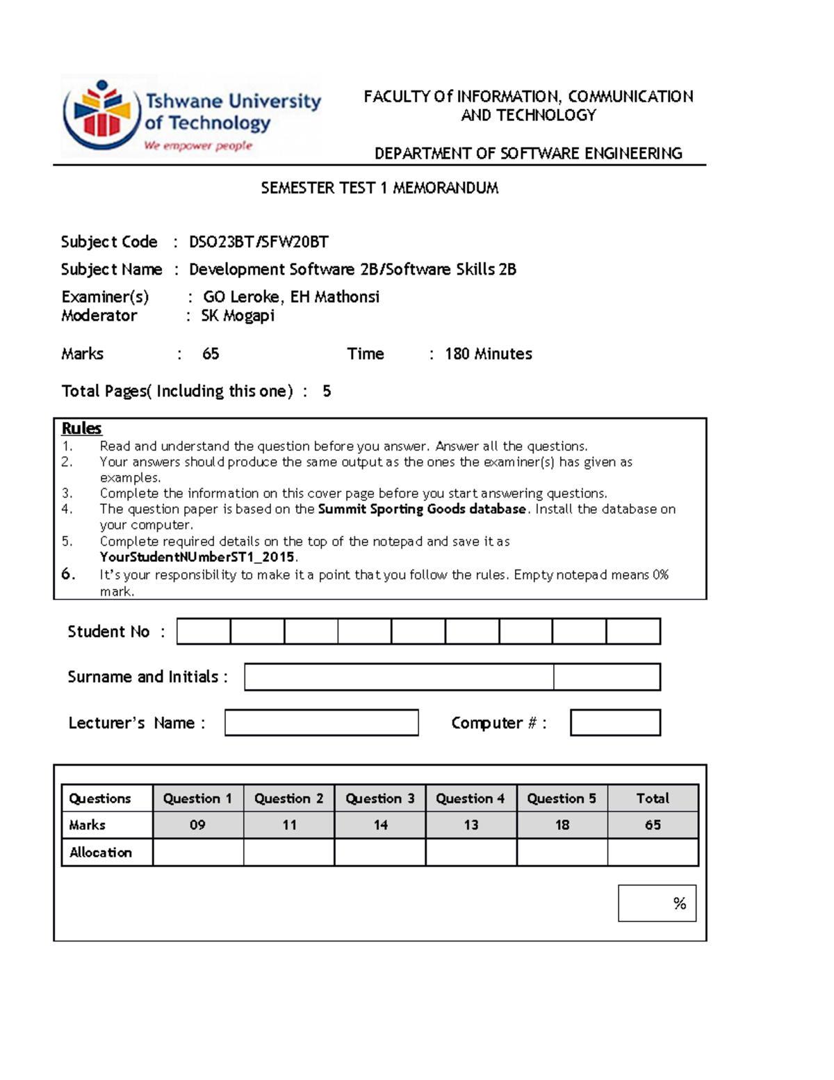 DSO23BT ST1 2015 S2 Memo - FACULTY Of INFORMATION, COMMUNICATION AND ...
