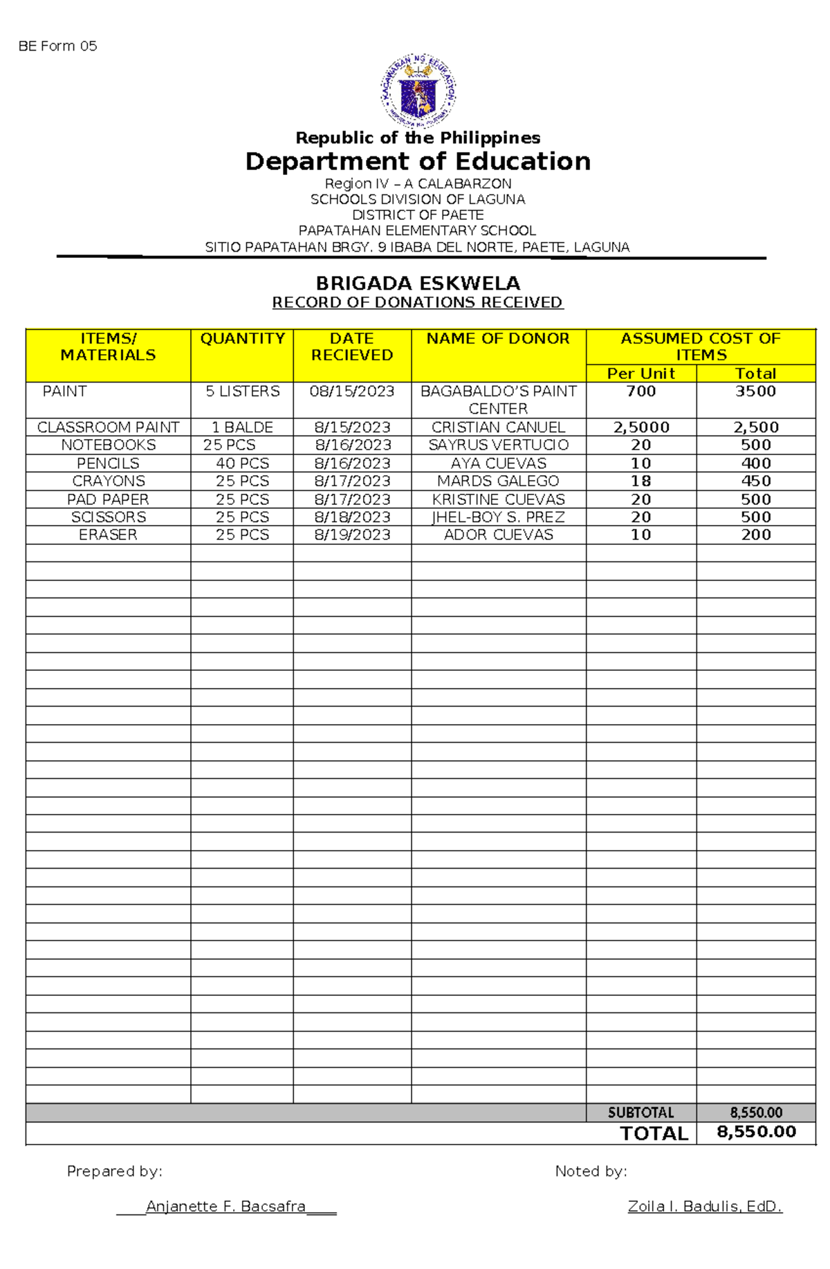 BE Form 5 Records of Donations Received - BE Form 05 Republic of the ...