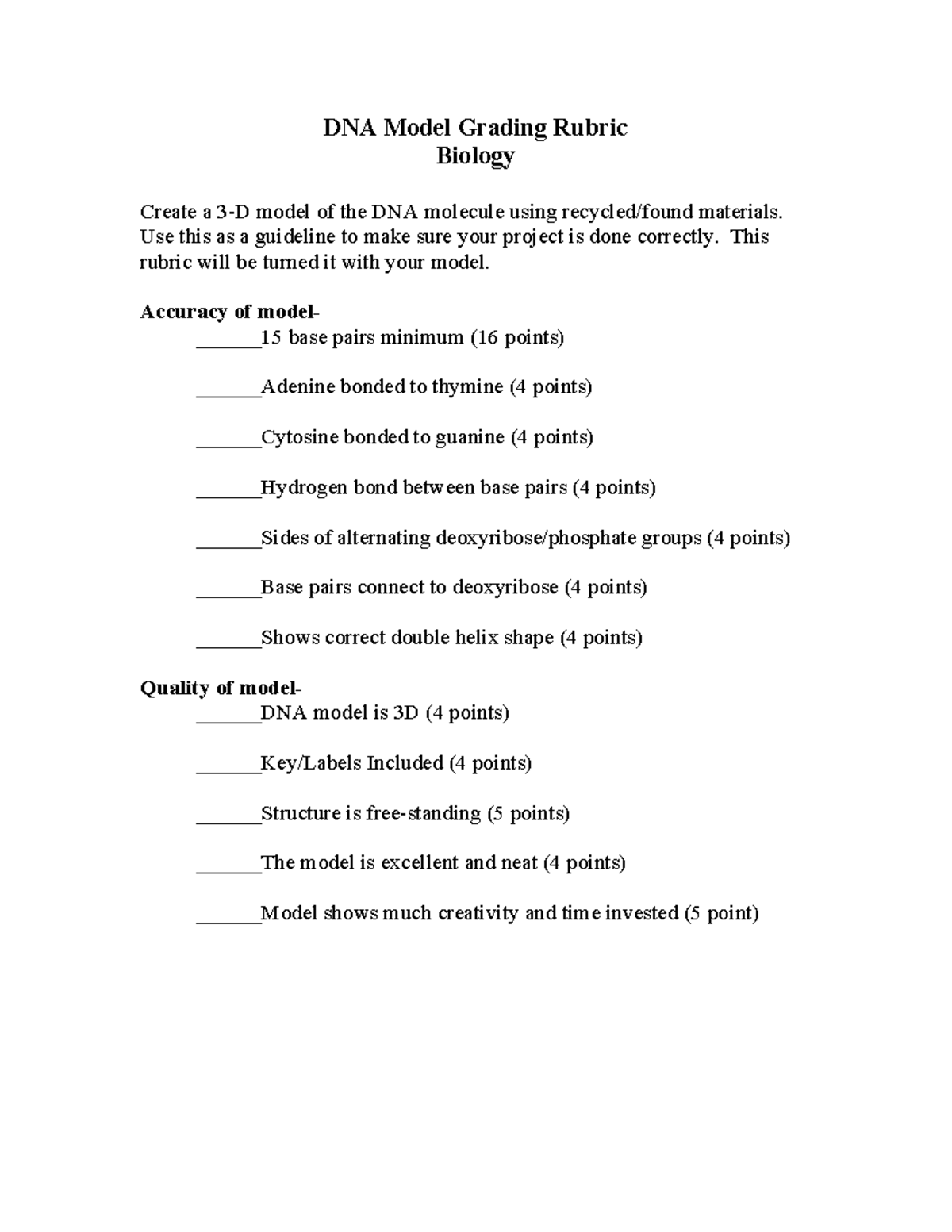 DNA Model Grading Rubric - DNA Model Grading Rubric Biology Create a 3 ...