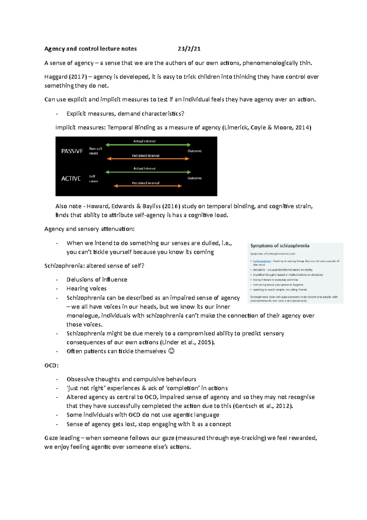 Agency and control lecture notes - Haggard (2017) – agency is developed ...