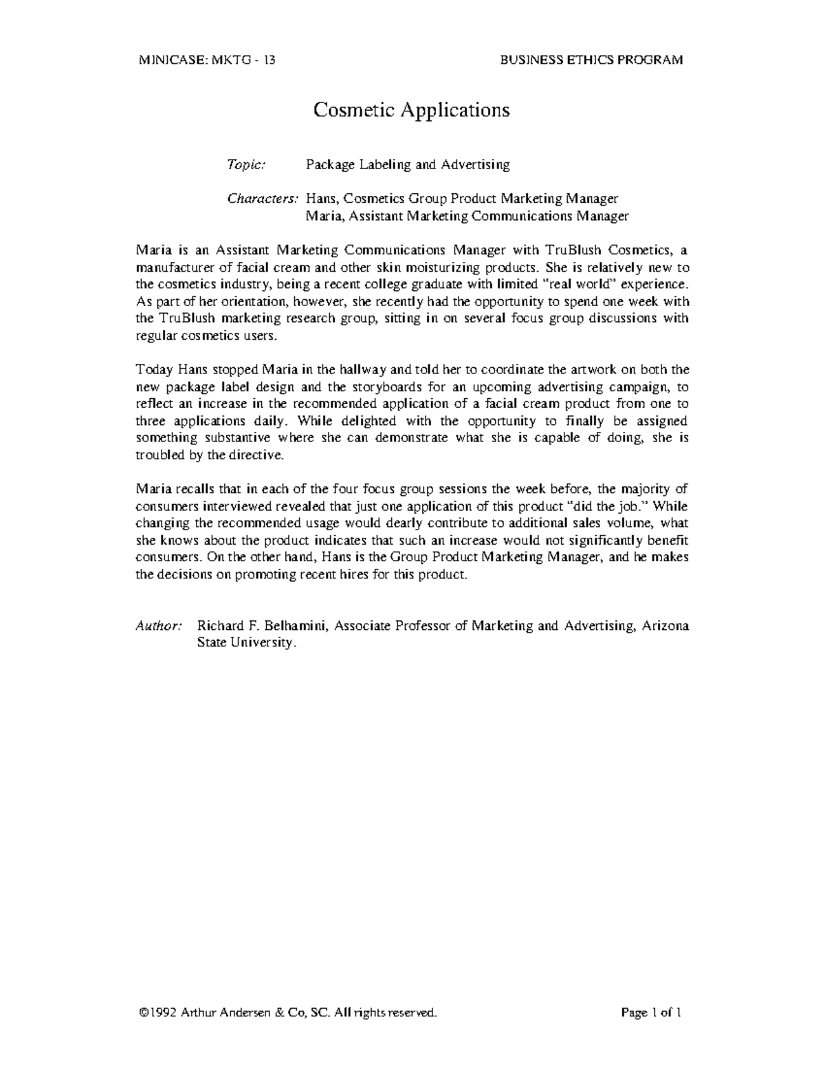 Cosmetic Applications - MINICASE: MKTG - 13 BUSINESS ETHICS PROGRAM ...