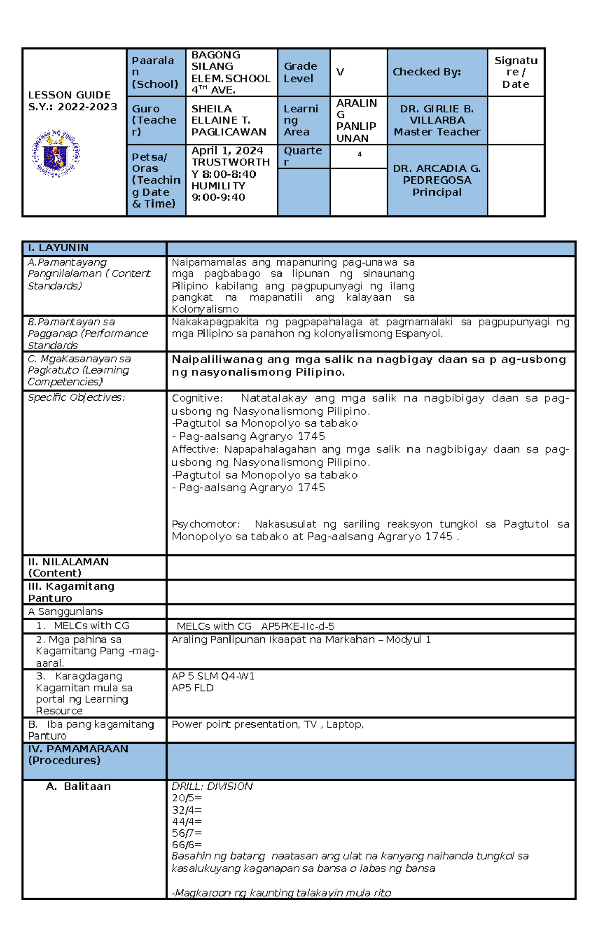 AP 5-Q4-W1- April 1-2024 - LESSON GUIDE S.: 2022- Paarala n (School ...