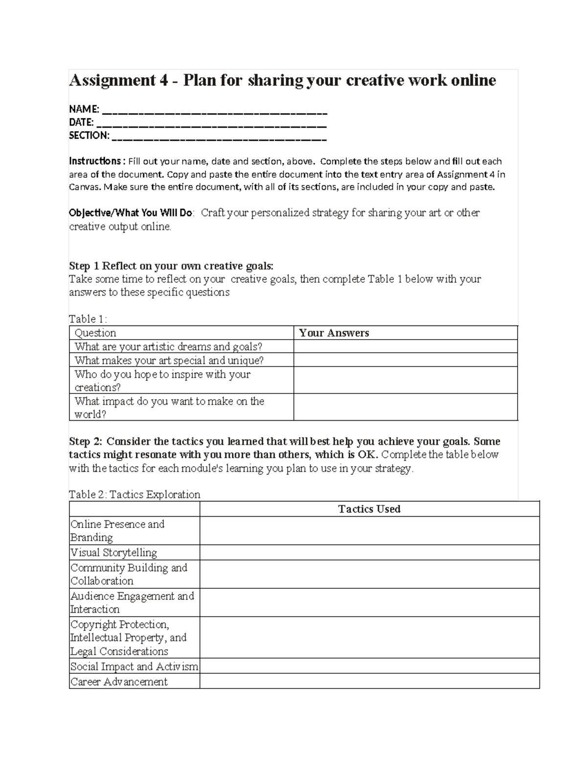 Assignment 4 - Plan To Share Your Creative Work Online-1 - Assignment 4 - Plan for sharing your ...