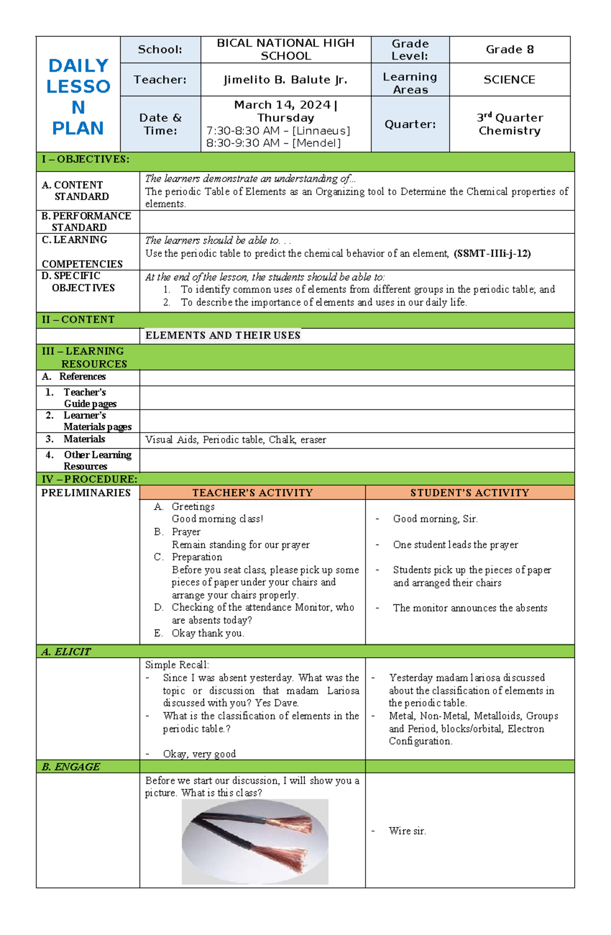 March 14, 2024 Elements IN THE Periodic AND Their USES DLP - DAILY ...