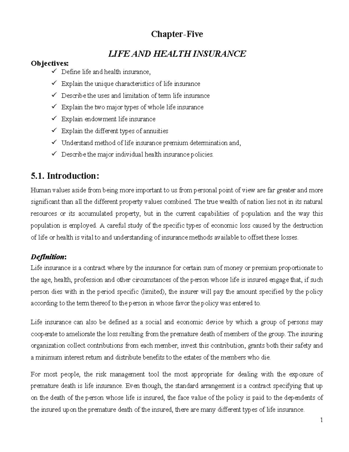 RISK CH 5 - Risk Management and Insurance - Chapter-Five LIFE AND ...