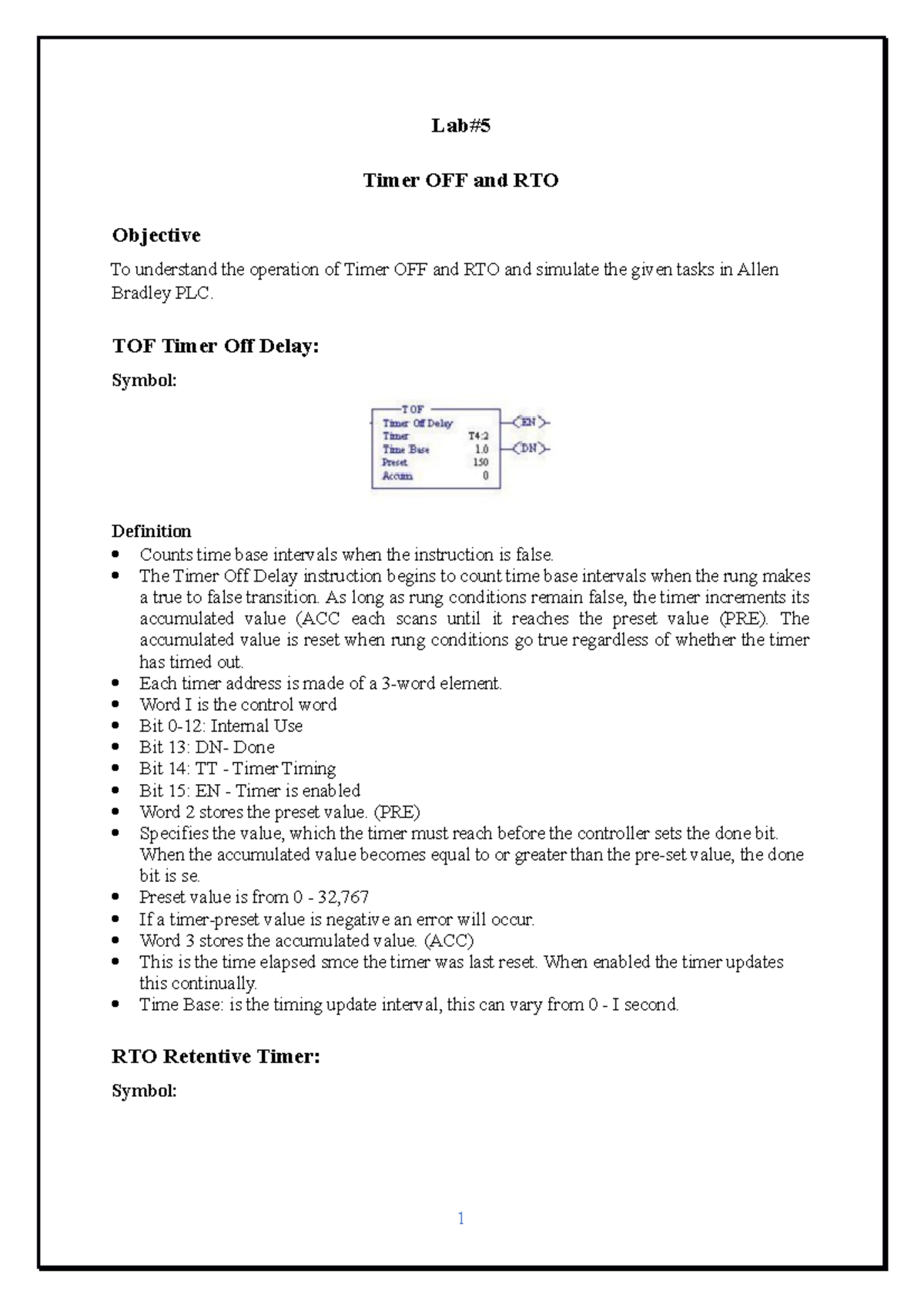 Lab 5 automation - Lab# Timer OFF and RTO Objective To understand the operation of Timer OFF and ...