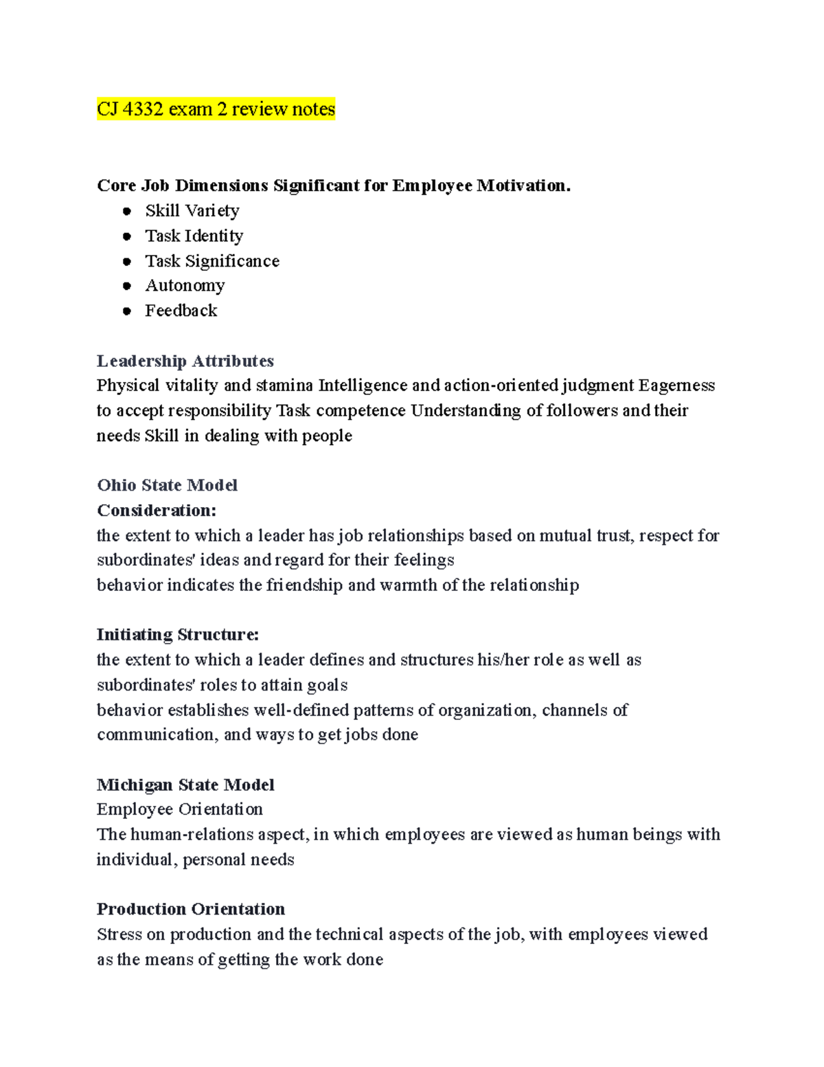 CJ 4332 exam 2 review notes - CJ 4332 exam 2 review notes Core Job ...