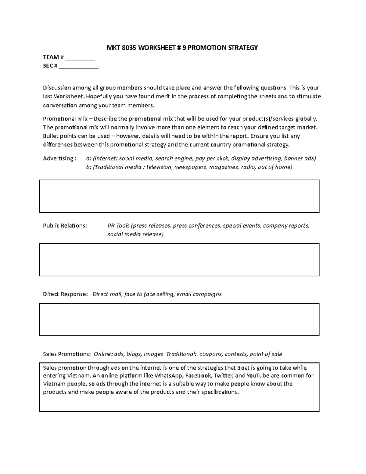 9- Promotion Strategy worksheet 9 - MKT 8035 WORKSHEET # 9 PROMOTION ...