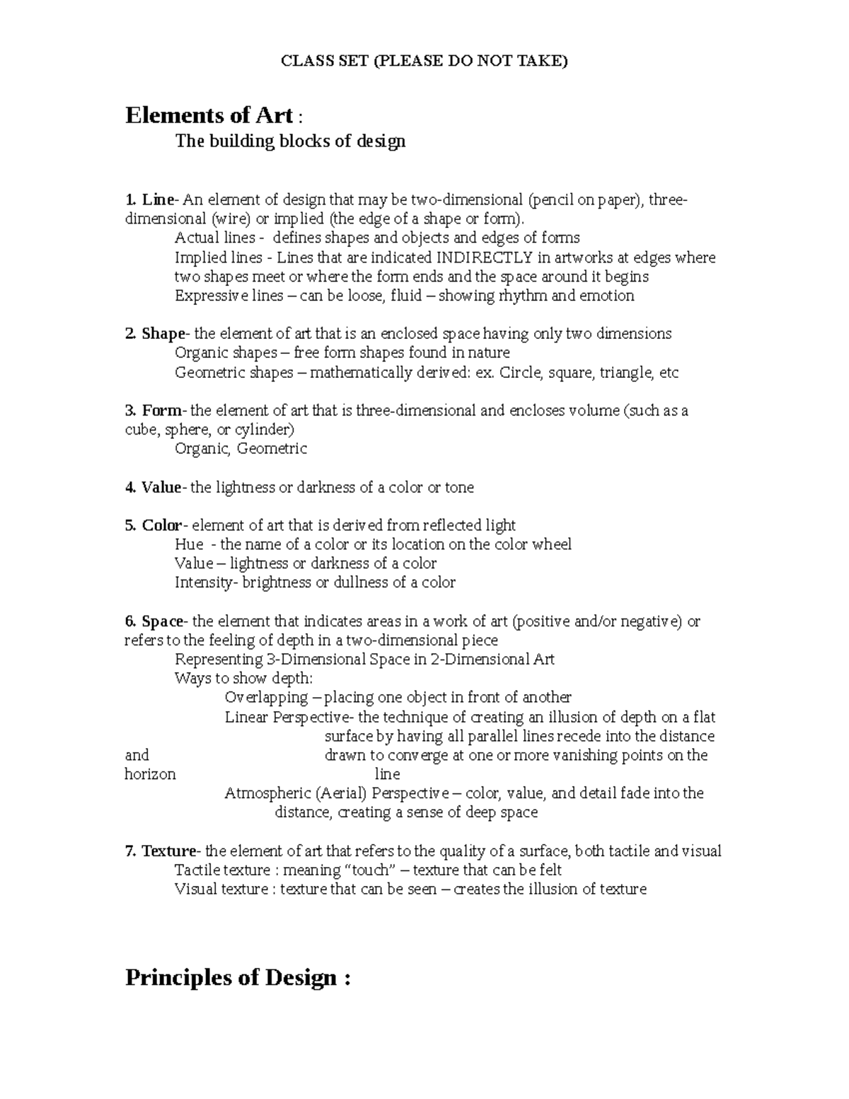 Elements of Art- Definitions complete - CLASS SET (PLEASE DO NOT TAKE ...