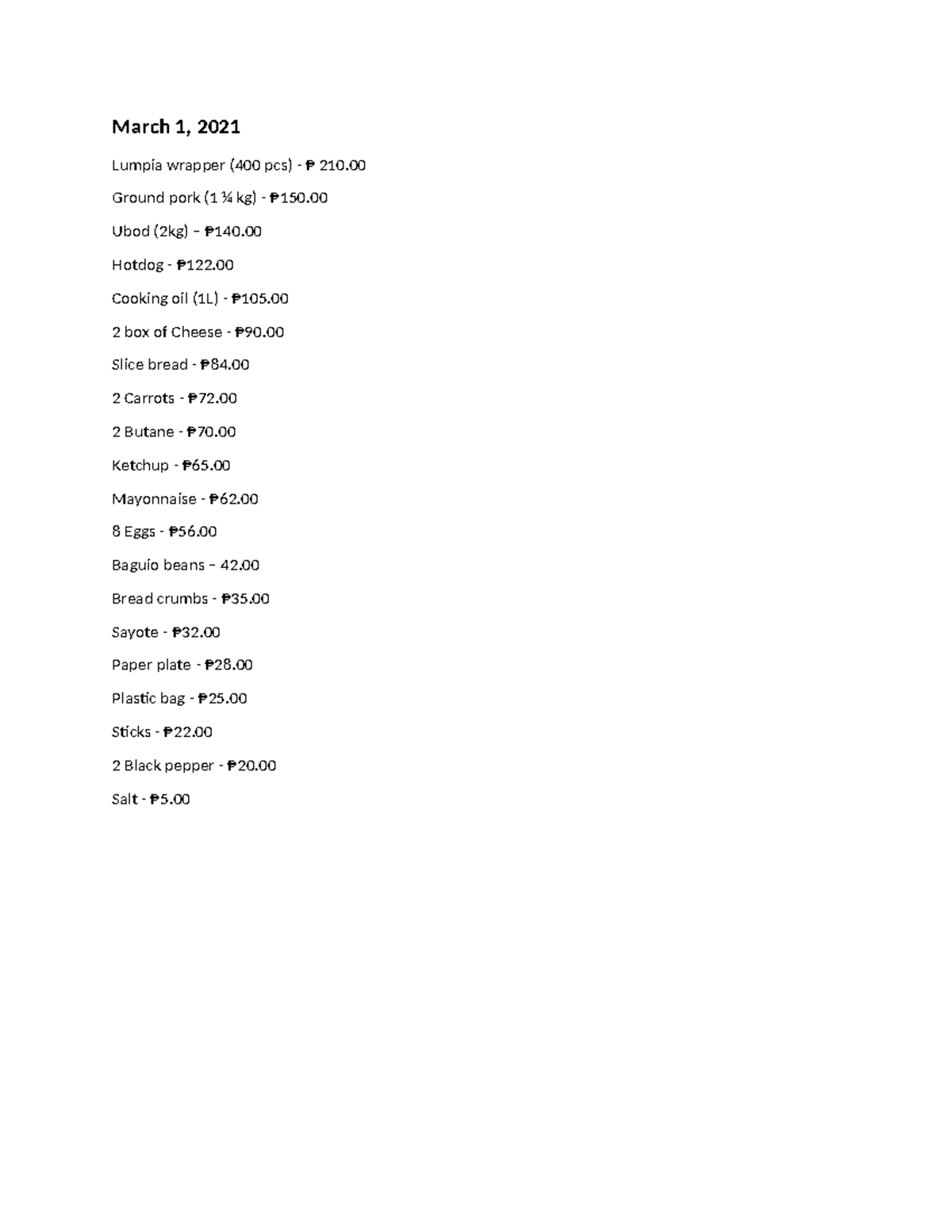 Document - Lumpia wrapper (400 pcs) - ₱ 210. Ground pork (1 ¼ kg ...