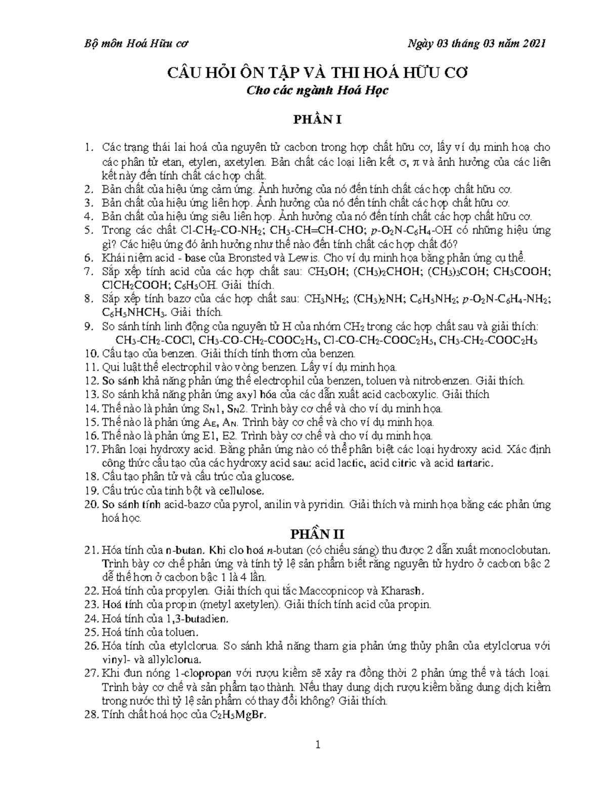 Cau hoi thi nganh hoa hoc 03032021 - Bộ môn Hoá Hữu cơ Ngày 03 tháng 03 năm 20 21 1 CÂU HỎI ÔN ...