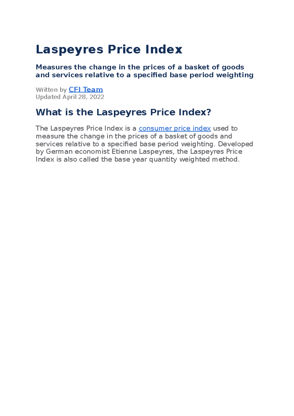Laspeyres Price Index - Cost Accounting - Laspeyres Price Index Measures the change in the ...
