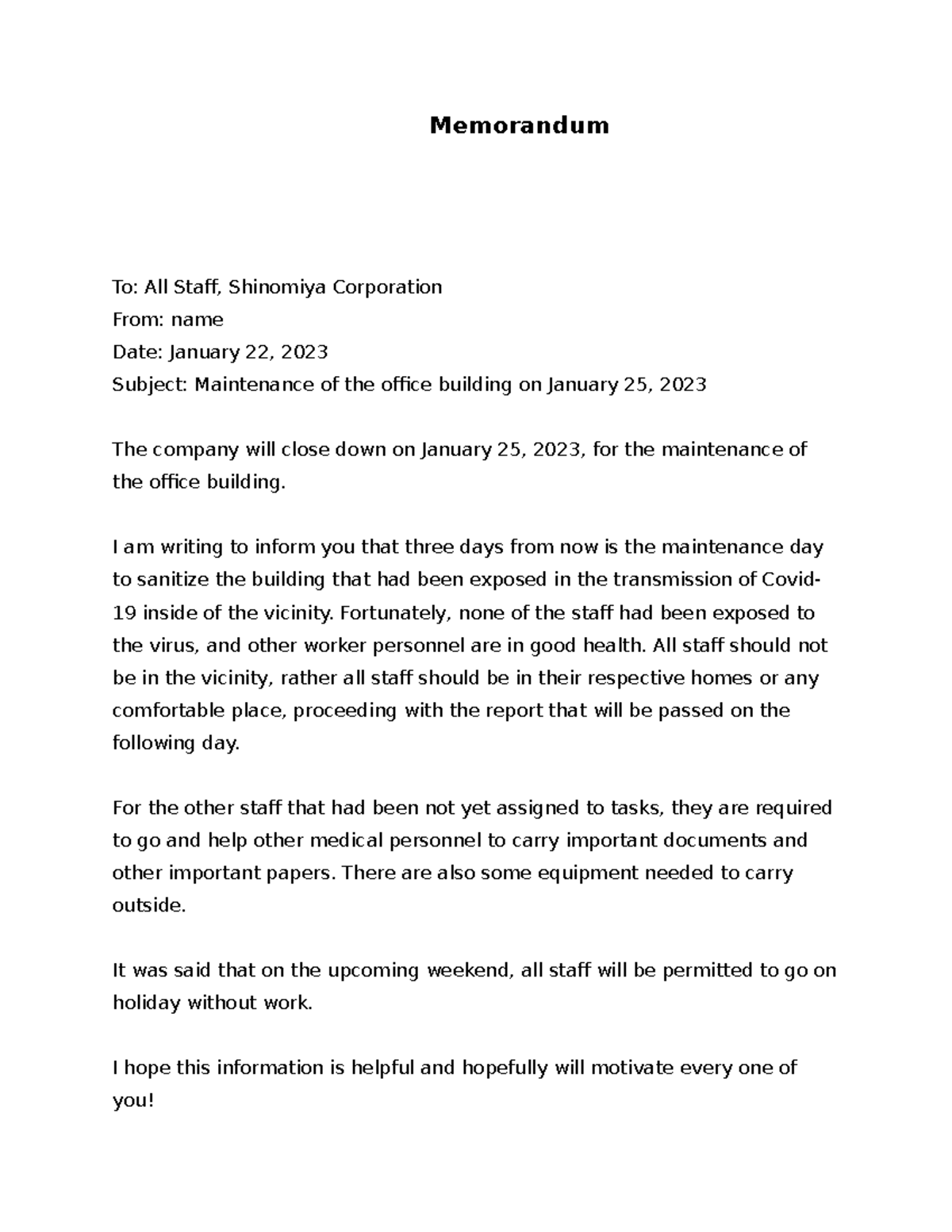 Memorandum - Guide - Memorandum To: All Staff, Shinomiya Corporation ...