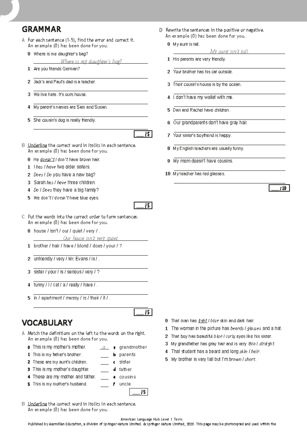 ALH L1 Unit 2 - 2021-2022 - Progress Test Unit 2 American Language Hub ...