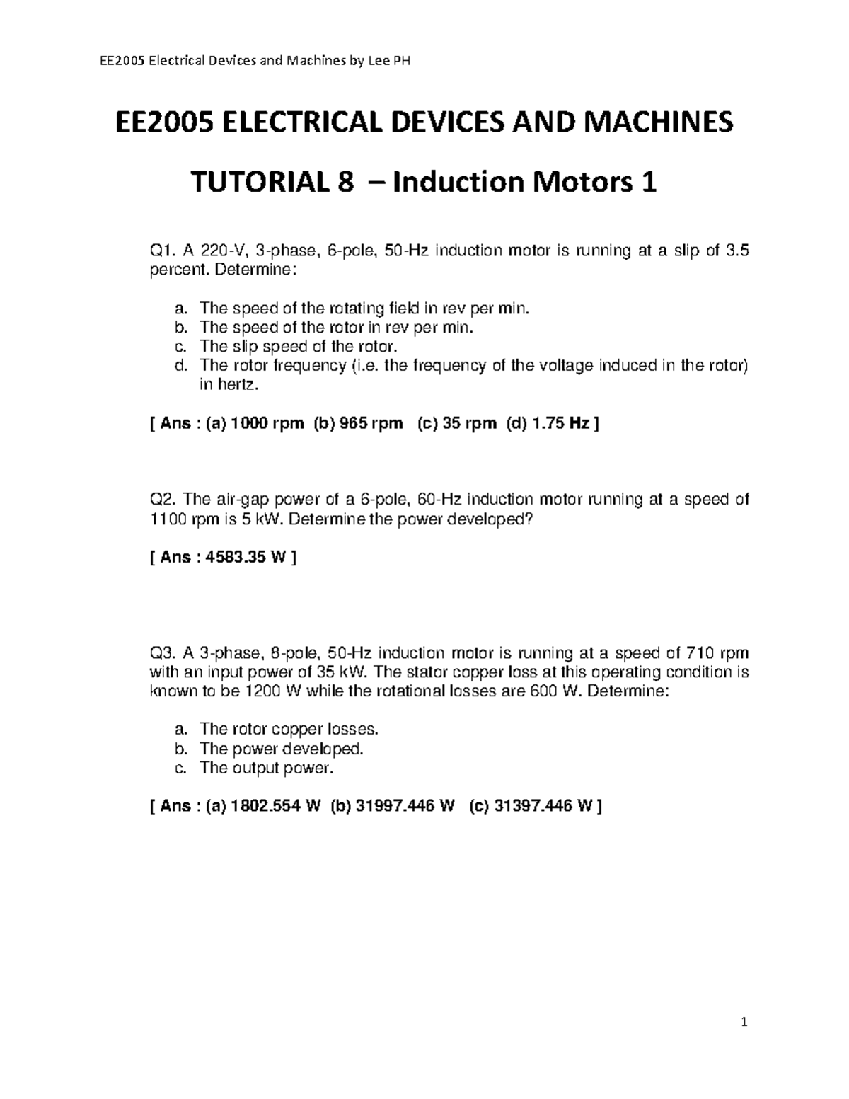 T8 - tut 8 - EE2005 Electrical Devices and Machines by Lee PH 1 EE2005 ELECTRICAL DEVICES AND ...