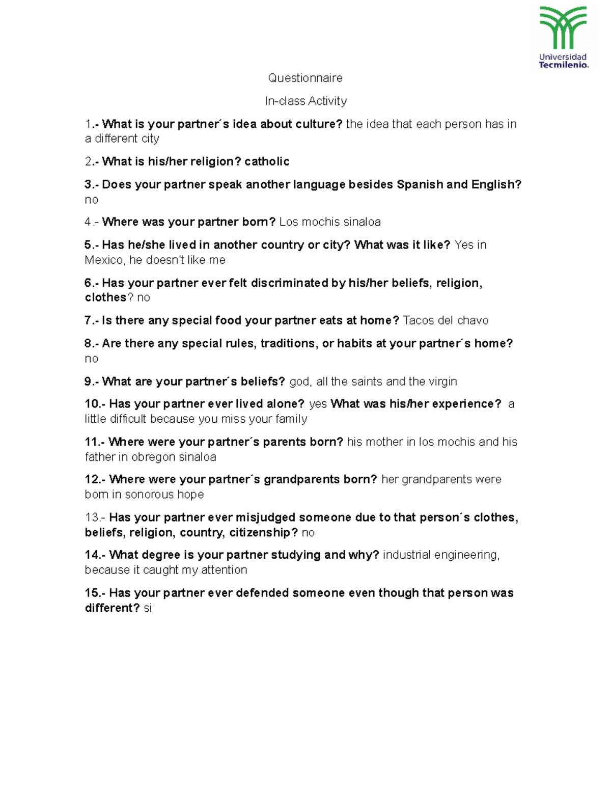 Global Culture 1 - Questionnaire In-class Activity 1 .- What is your ...