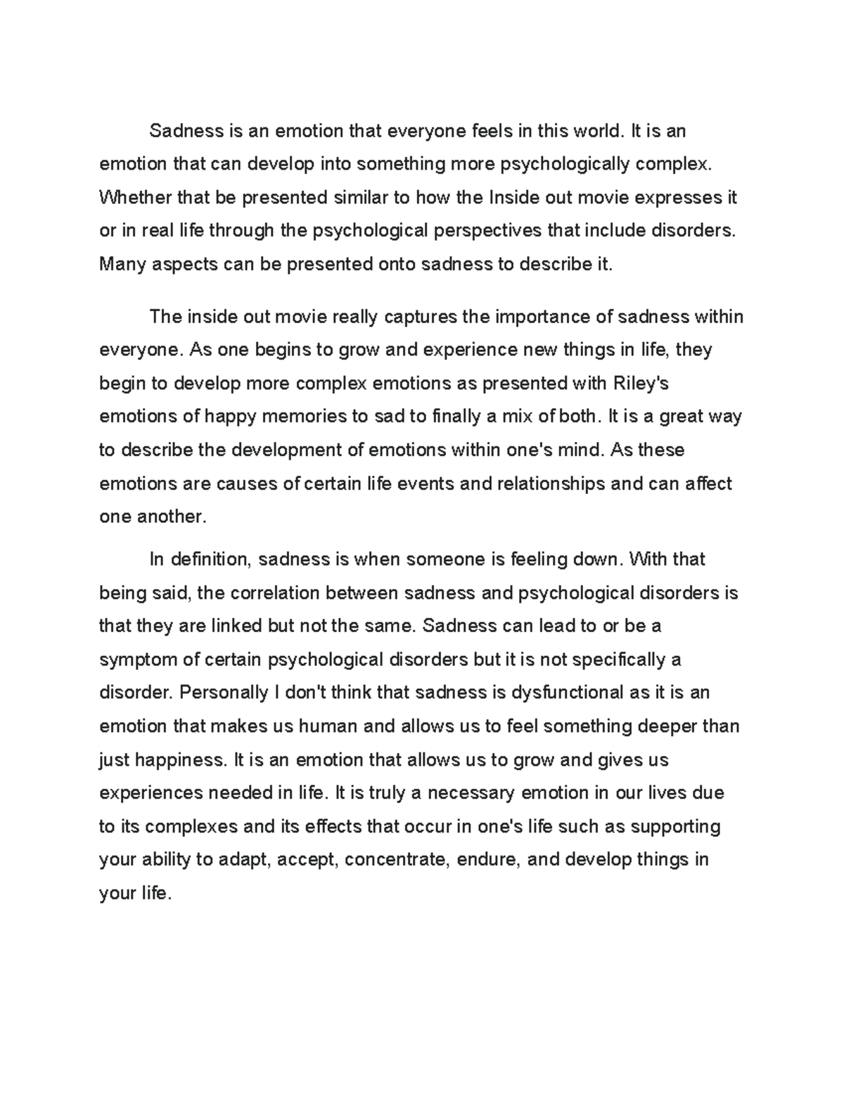 Ch 15 Activity - Inside out sadness summary - Sadness is an emotion ...