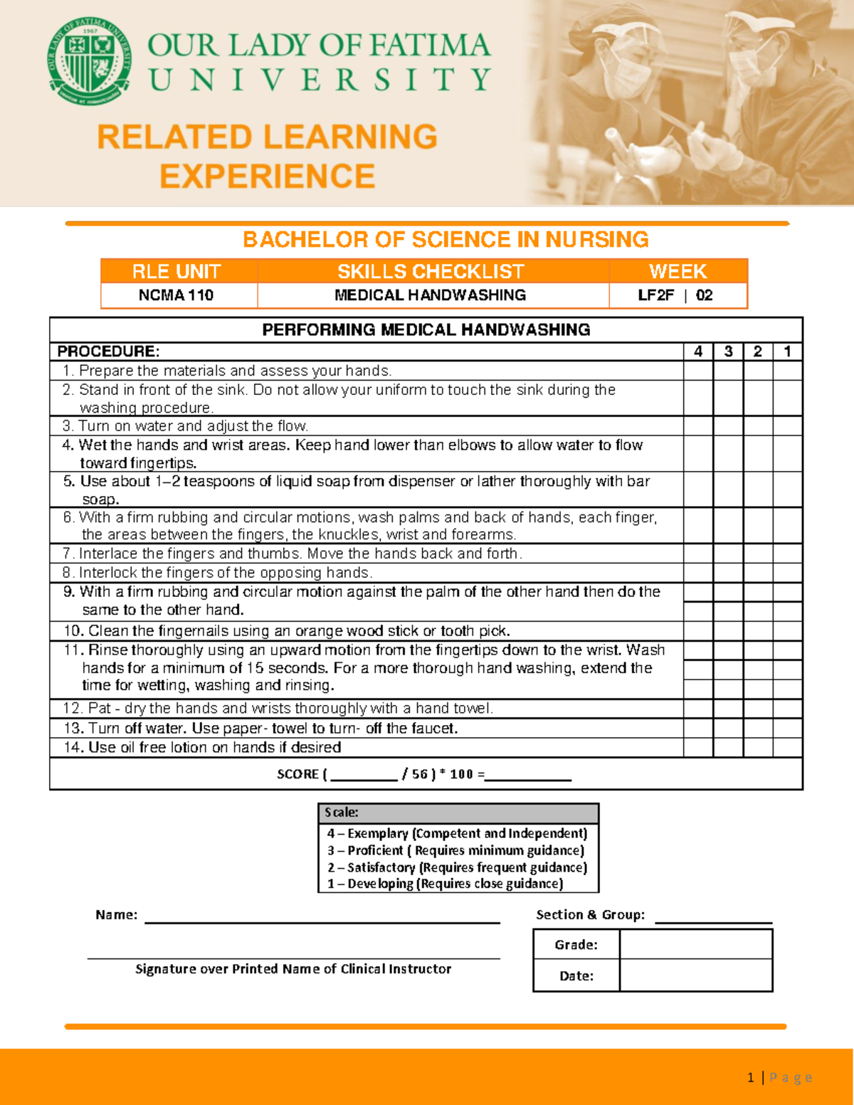 F2F WK02 Funda Medical Handwashing Performance Checklist - 1 | P a g e ...