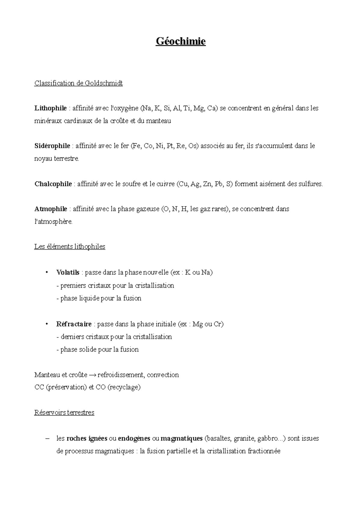 Résumé de cours de Géochimie - Classification de Goldschmidt Lithophile ...