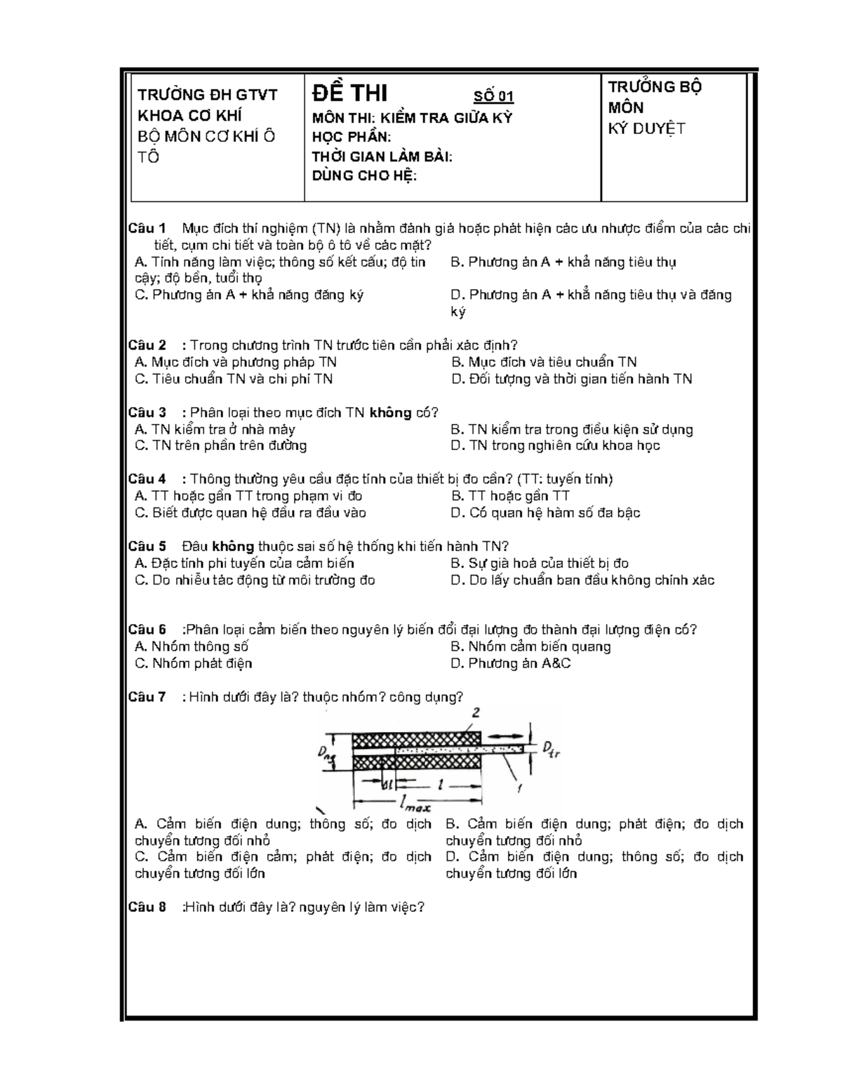 KTGK 2024 - Tr−êng ®h gtvt Khoa c¬ khÝ Bé m«n c¬ khÝ « t« ®Ò thi sè 01 M«n thi: KIÓM TRA GI÷A Kú ...