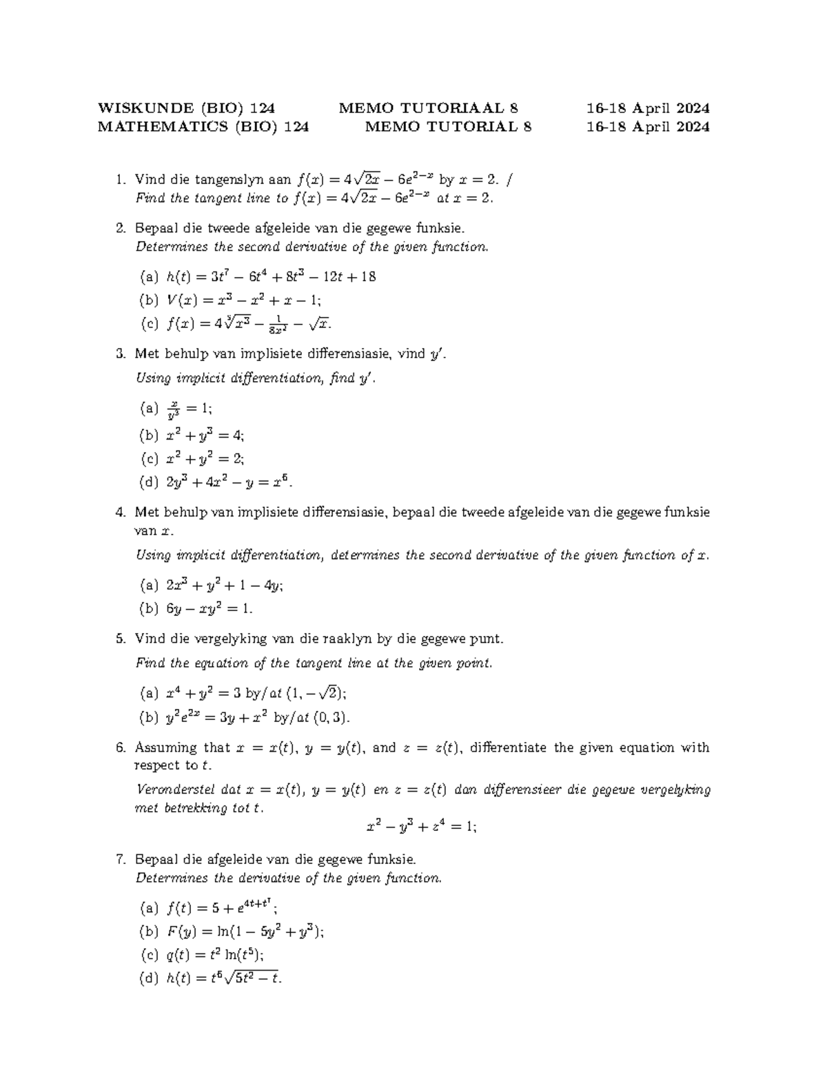Tutorial 8 - Tut 8 - WISKUNDE (BIO) 124 MEMO TUTORIAAL 8 16-18 April 2024 MATHEMATICS (BIO) 124 ...