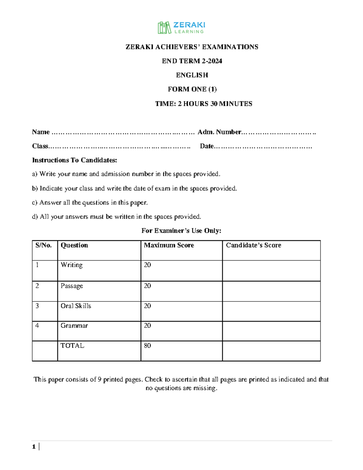 English - English - Question Paper - ZERAKI ACHIEVERS’ EXAMINATIONS END ...