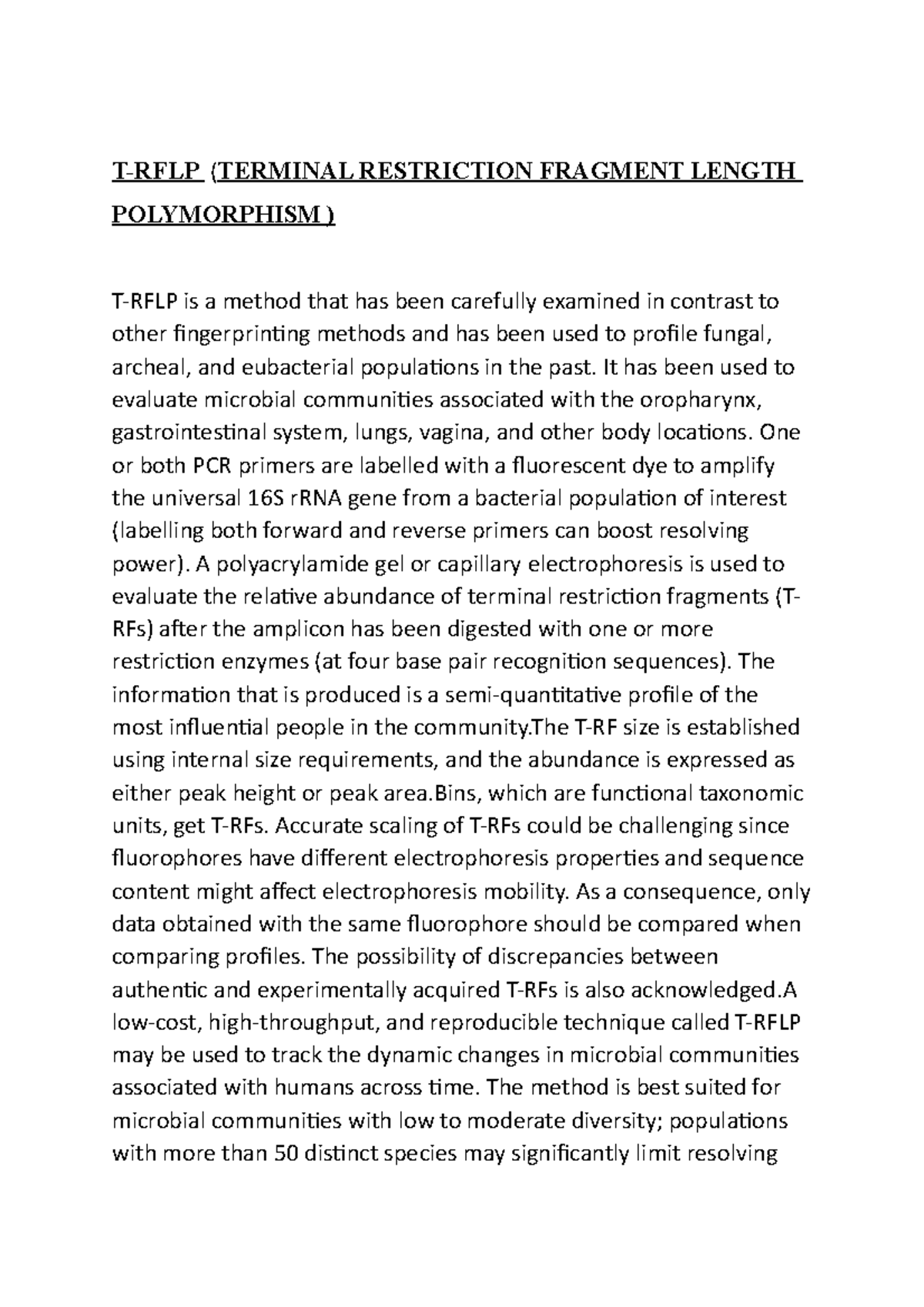 Trflp T Rflp Terminal Restriction Fragment Length Polymorphism T Rflp Is A Method That Has
