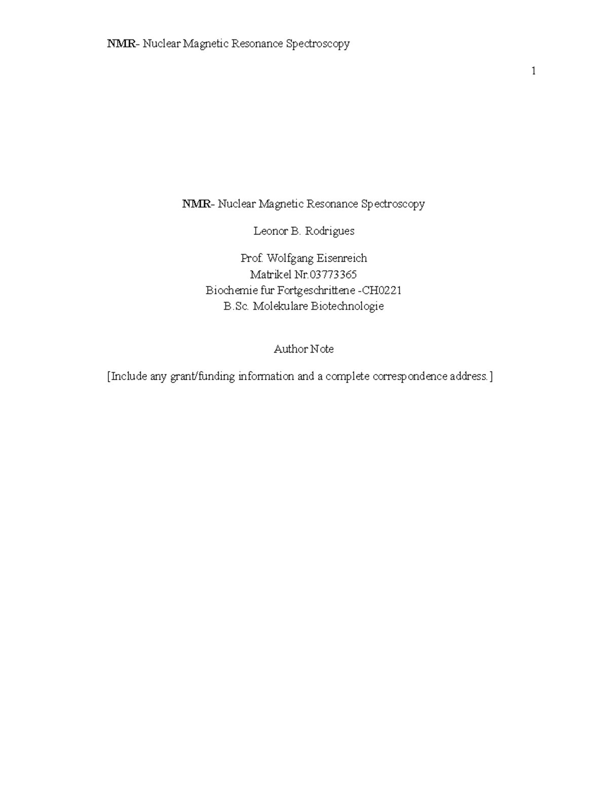 NMR.Protokoll,labor - NMR- Nuclear Magnetic Resonance Spectroscopy 1 ...