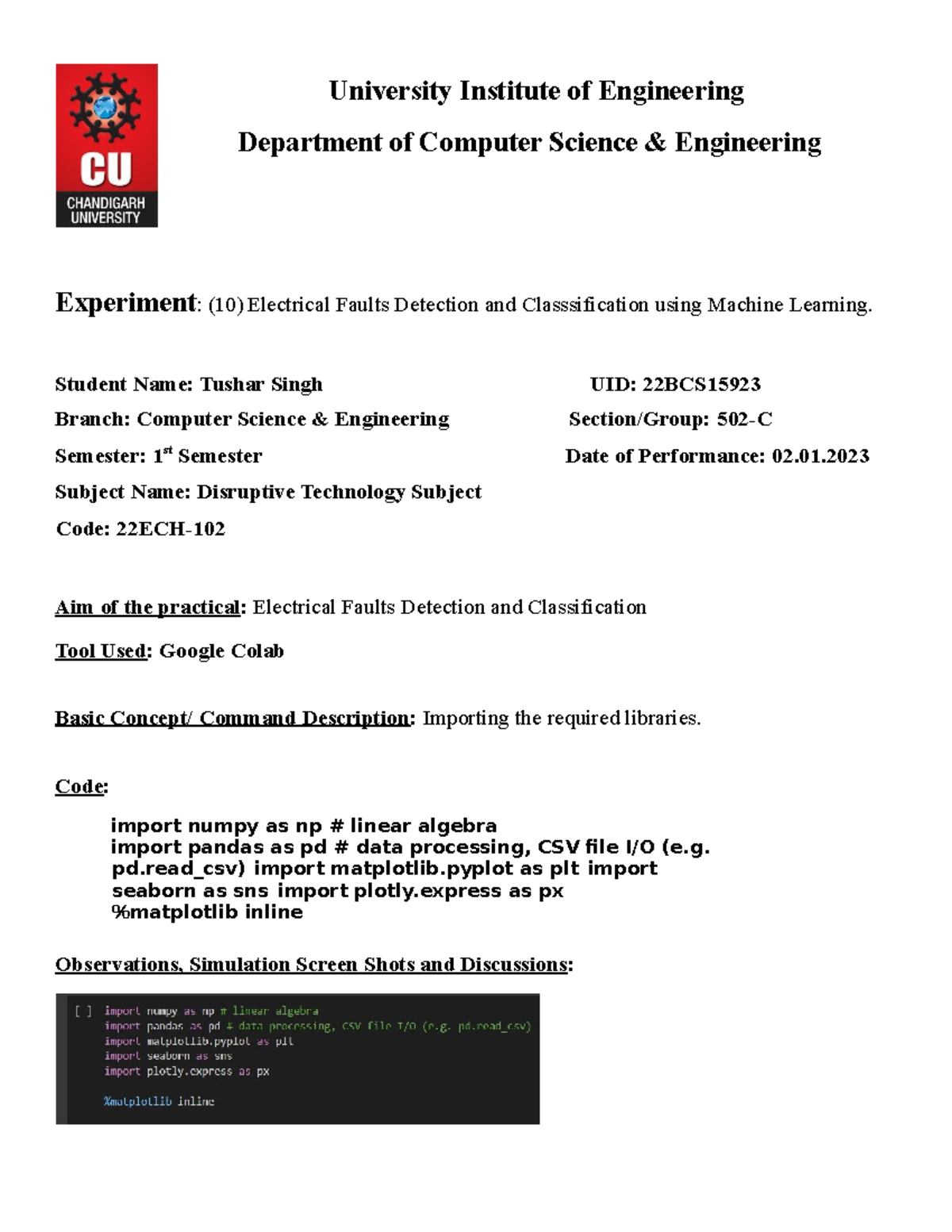 Tushar Singh DT(10) - Assignment - Department of Computer Science & Engineering Experiment: (10 ...