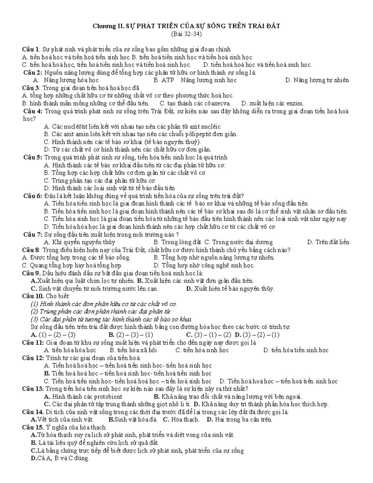 TN Giữa Ki2 - SInh 12 - TN Giữa Ki2 - SInh 12 - Chương II. SỰ PHÁT TRIỂN CỦA SỰ SỐNG TRÊN TRÁI ...