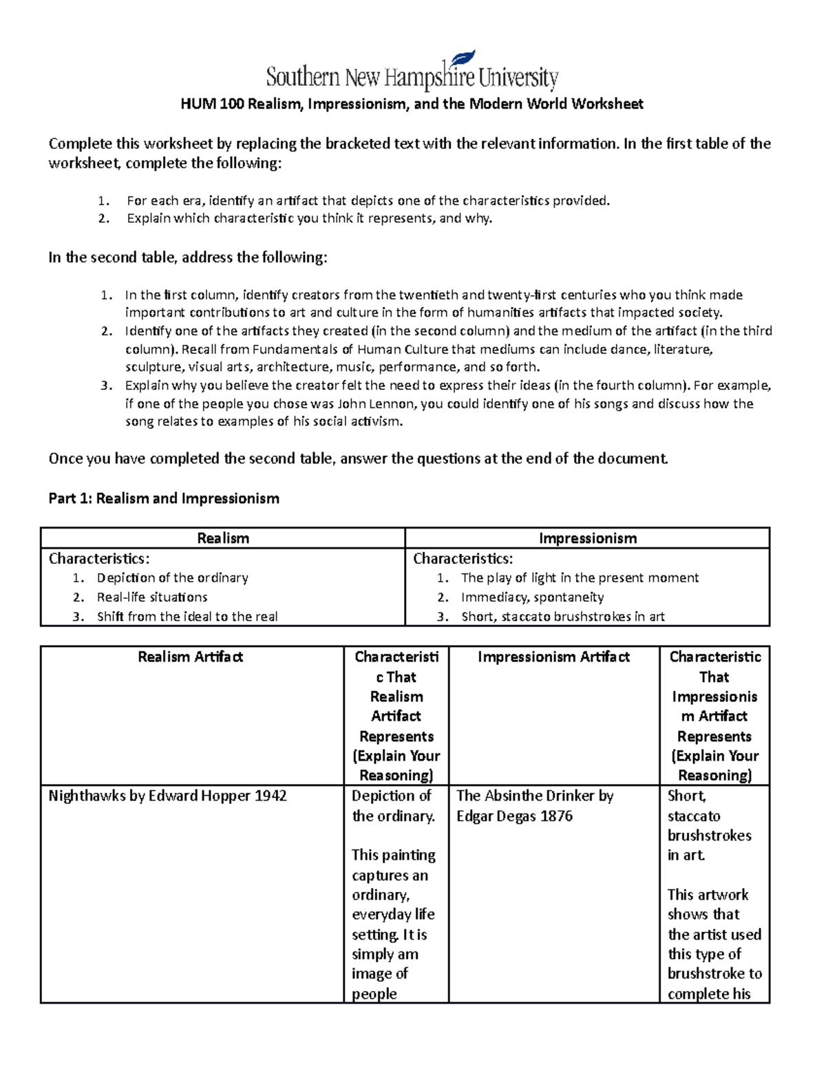 HUM 100 Realism Impressionism and the Modern World Worksheet - HUM 100 ...