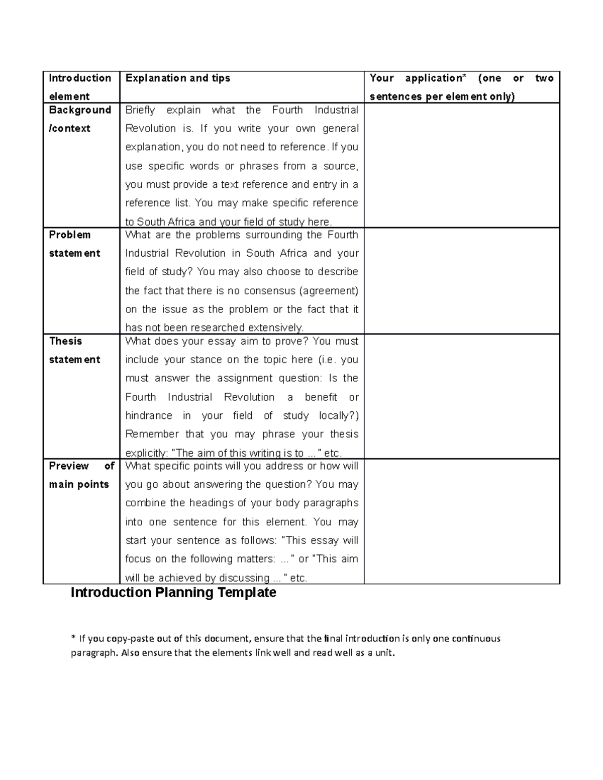 Introduction Planning Template - Introduction element Explanation and ...