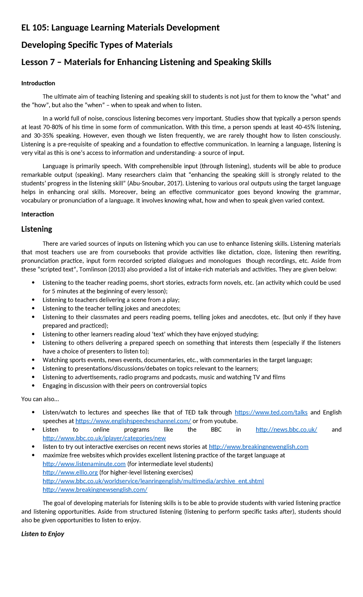 Concept Notes - Lesson 7 - Materials for Listerning and Speaking Skills ...
