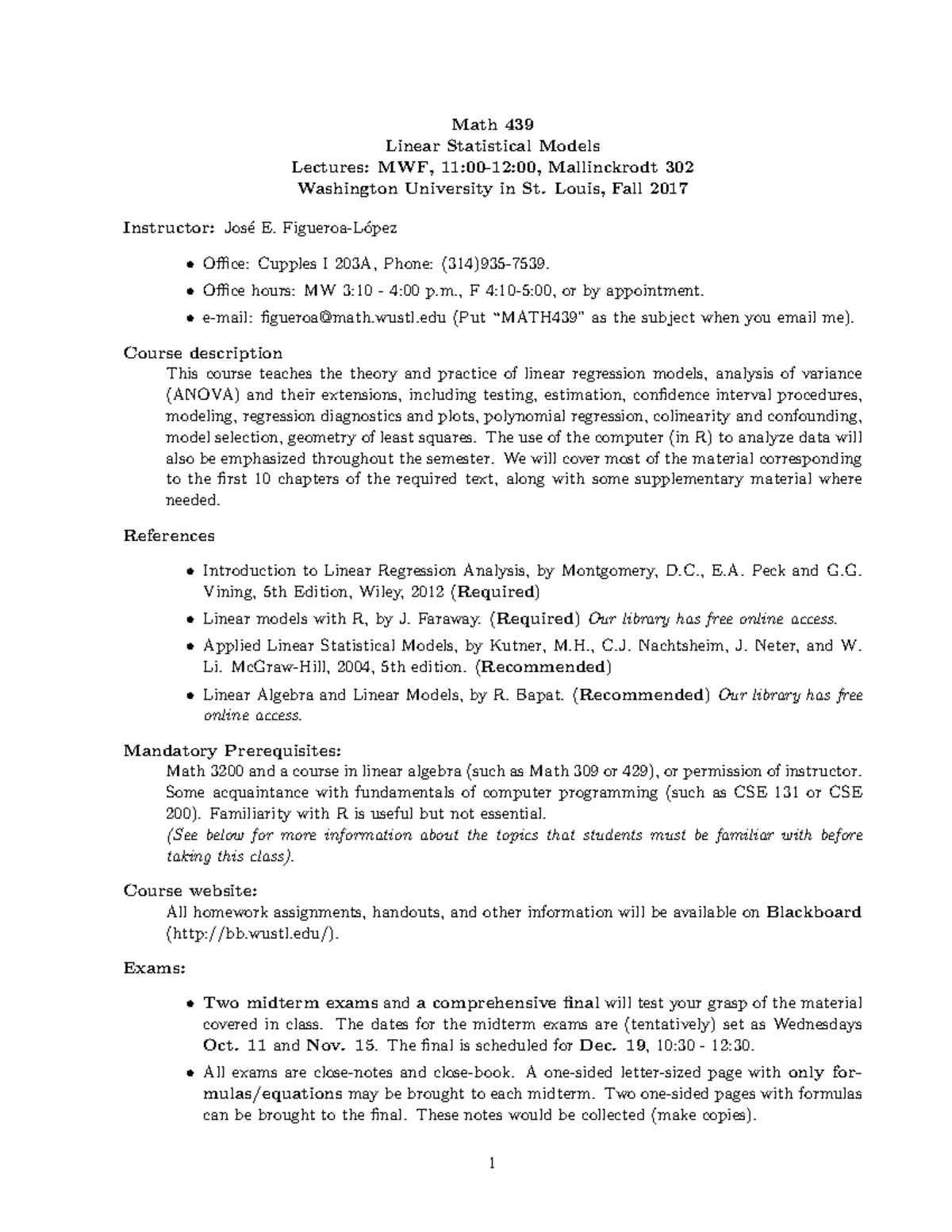 439syllabusfall 17 - Summary Probability - Math 439 Linear Statistical Models Lectures: MWF ...