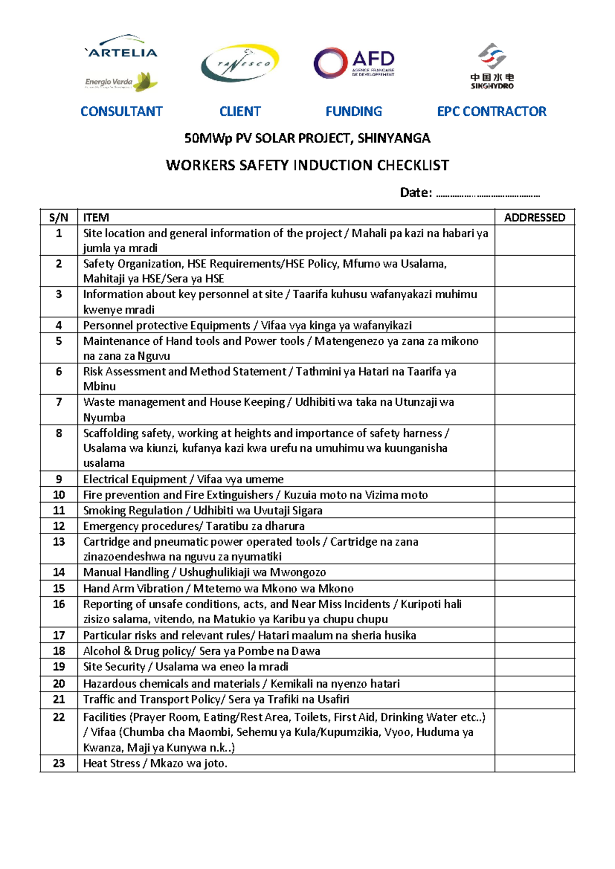 Workers Induction FORM - ` CONSULTANT CLIENT FUNDING EPC CONTRACTOR ...