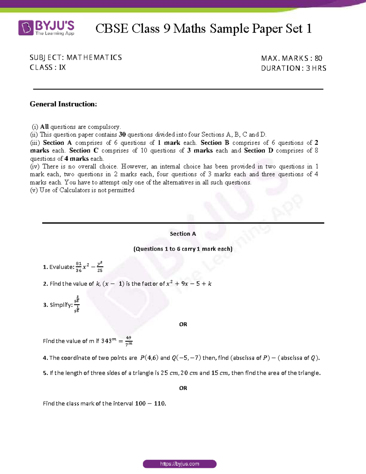 CBSE Sample Paper Class 9 Maths Set 1 - Section A (Questions 1 to 6 ...