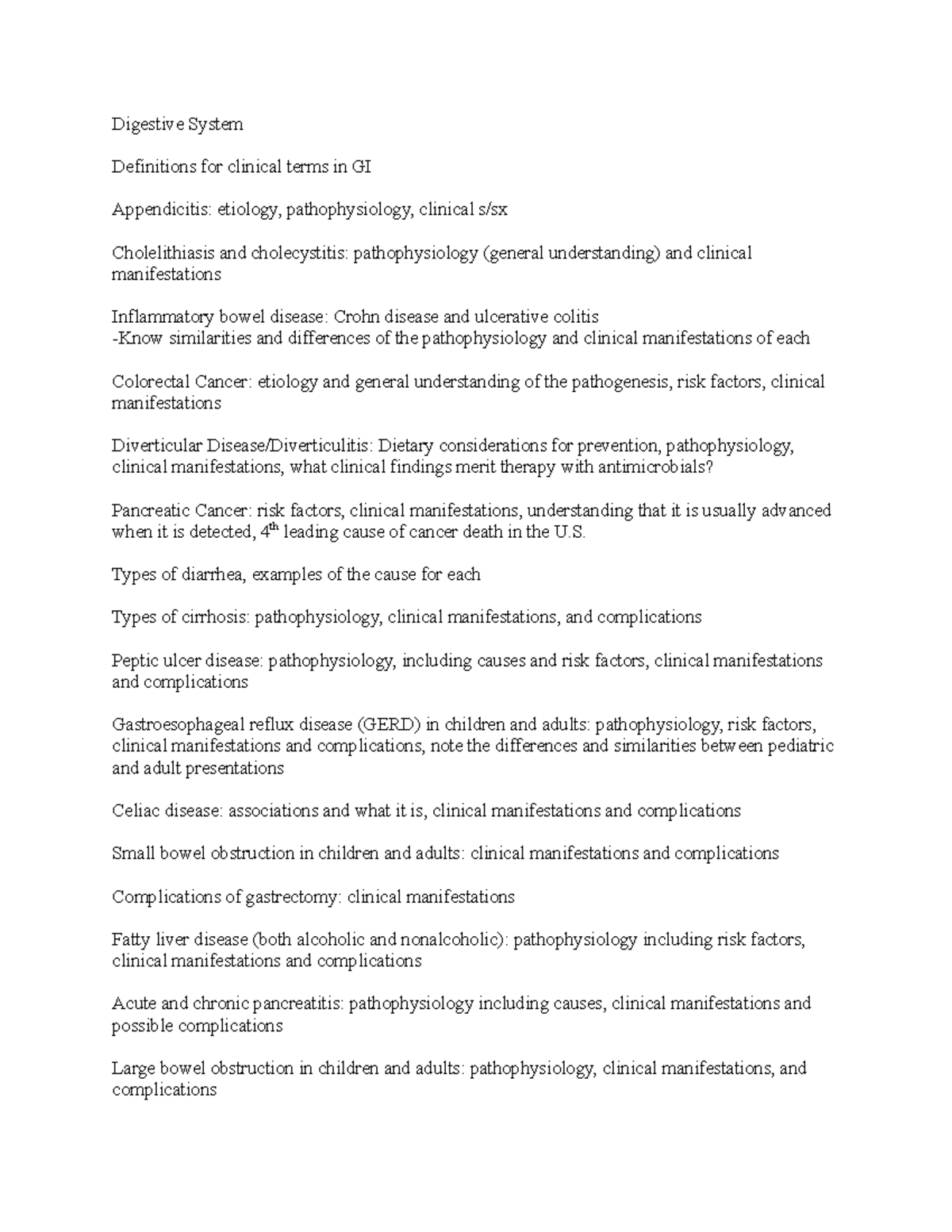 Digestive System Focus Topics - NURS611 - Studocu