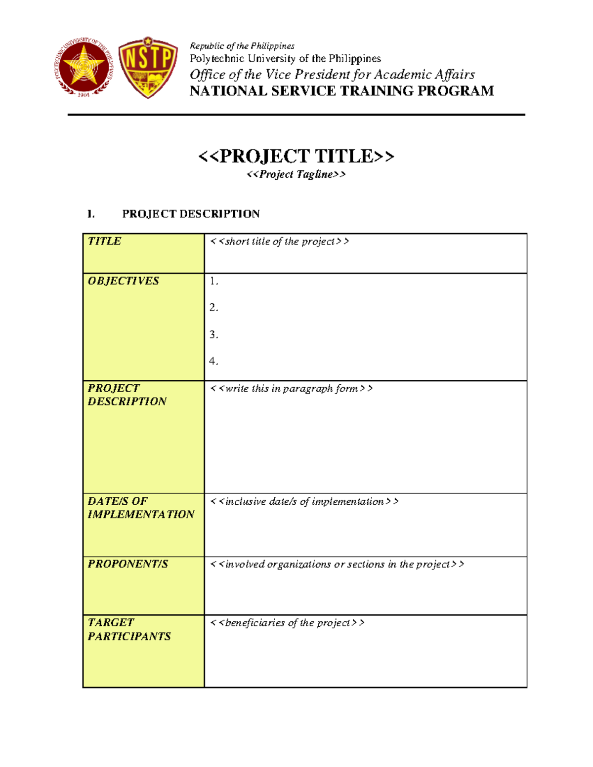 NSTP Project Proposal Template - Polytechnic University of the ...