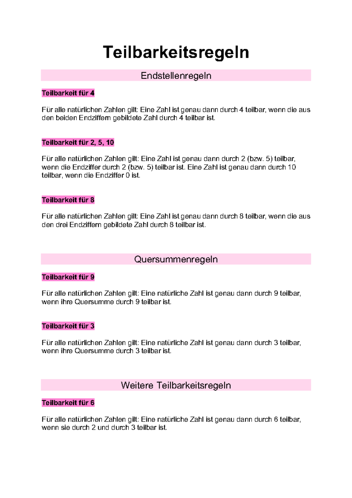 Teilbarkeitsregeln Mathe Profi - Teilbarkeitsregeln Endstellenregeln ...