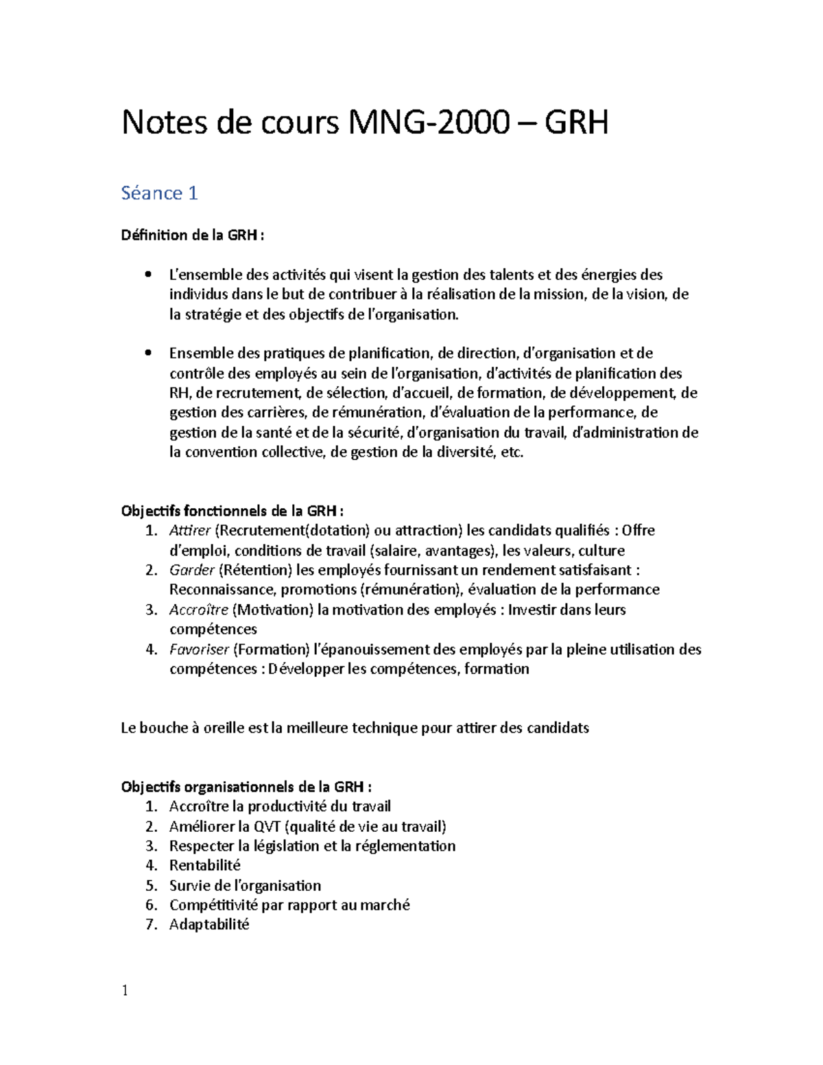 Notes de cours - Intra - Notes de cours MNG-2000 – GRH Séance 1 ...