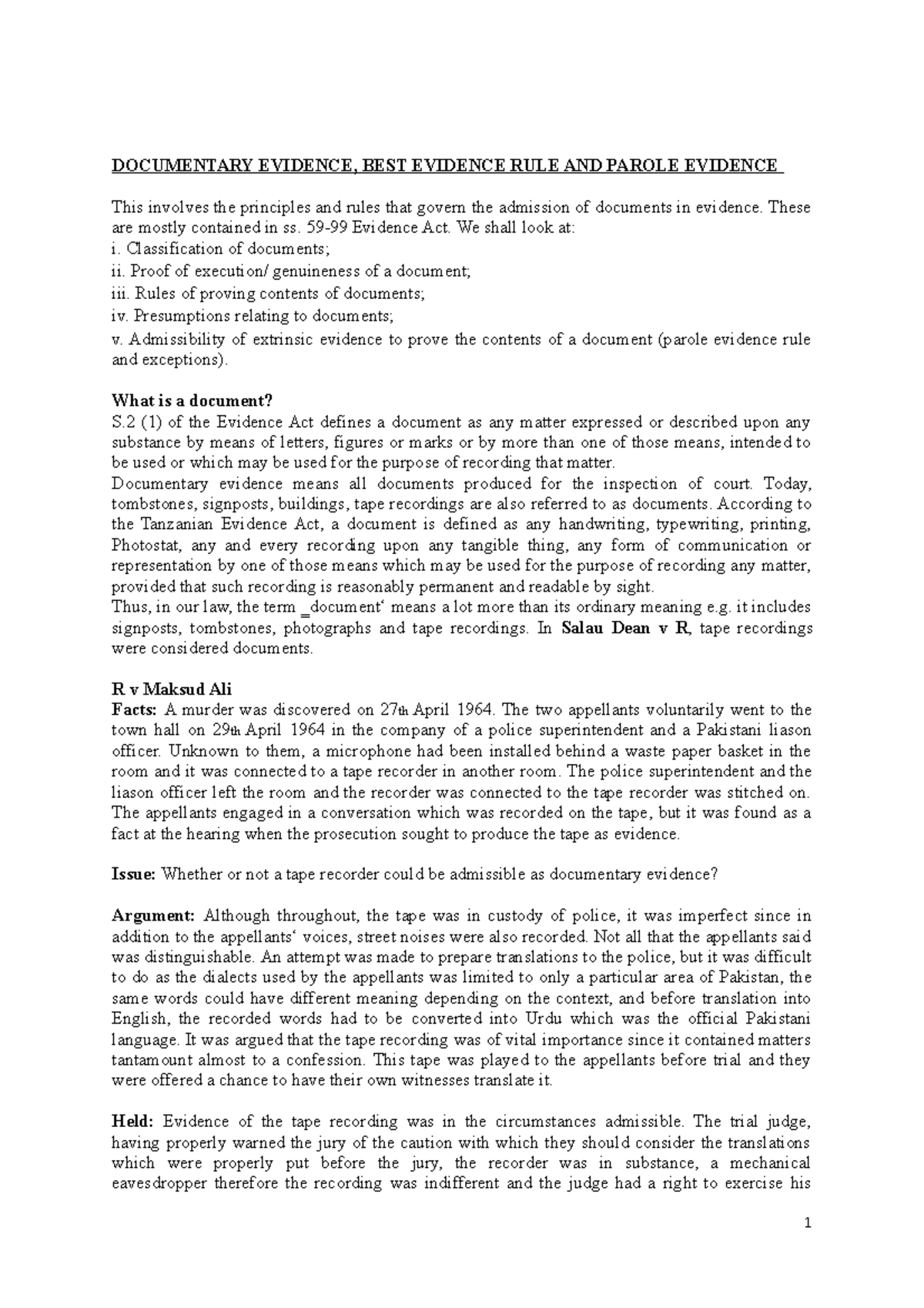 Summary notes on Documentary Evidence - DOCUMENTARY EVIDENCE, BEST ...